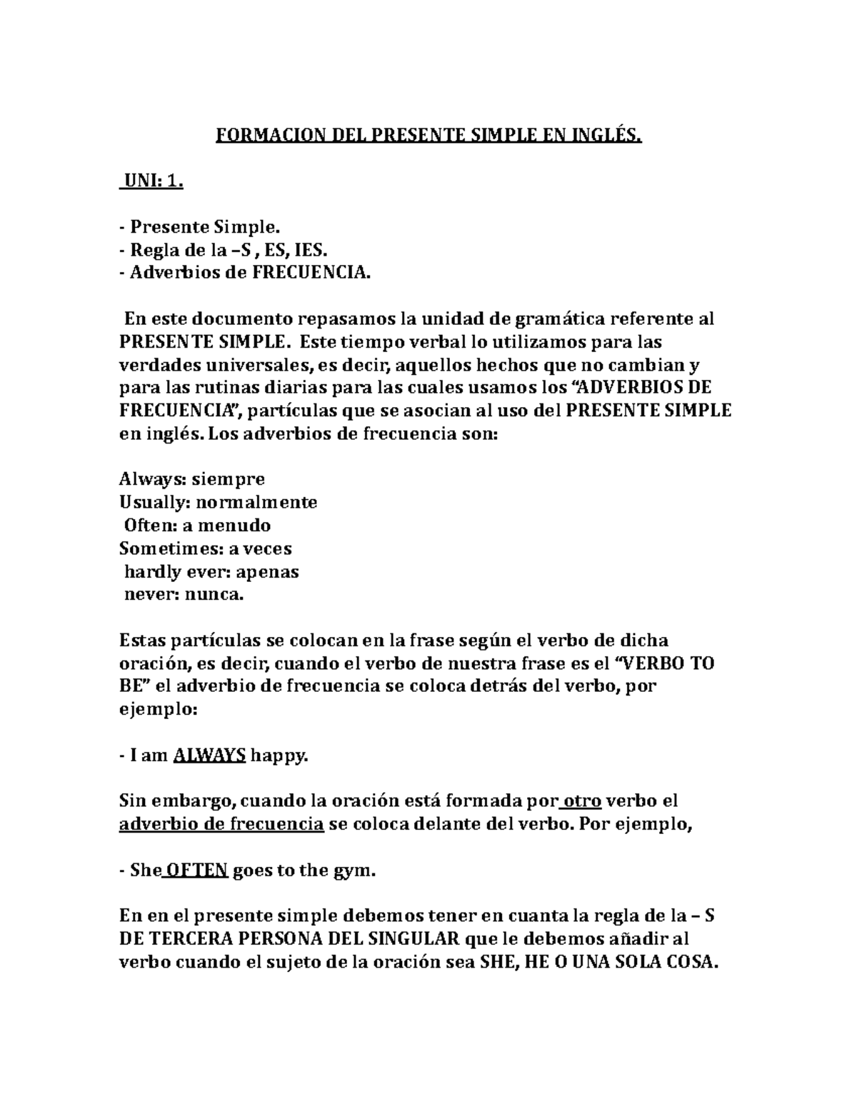 Formación del presente simple inglés - FORMACION DEL PRESENTE SIMPLE EN ...