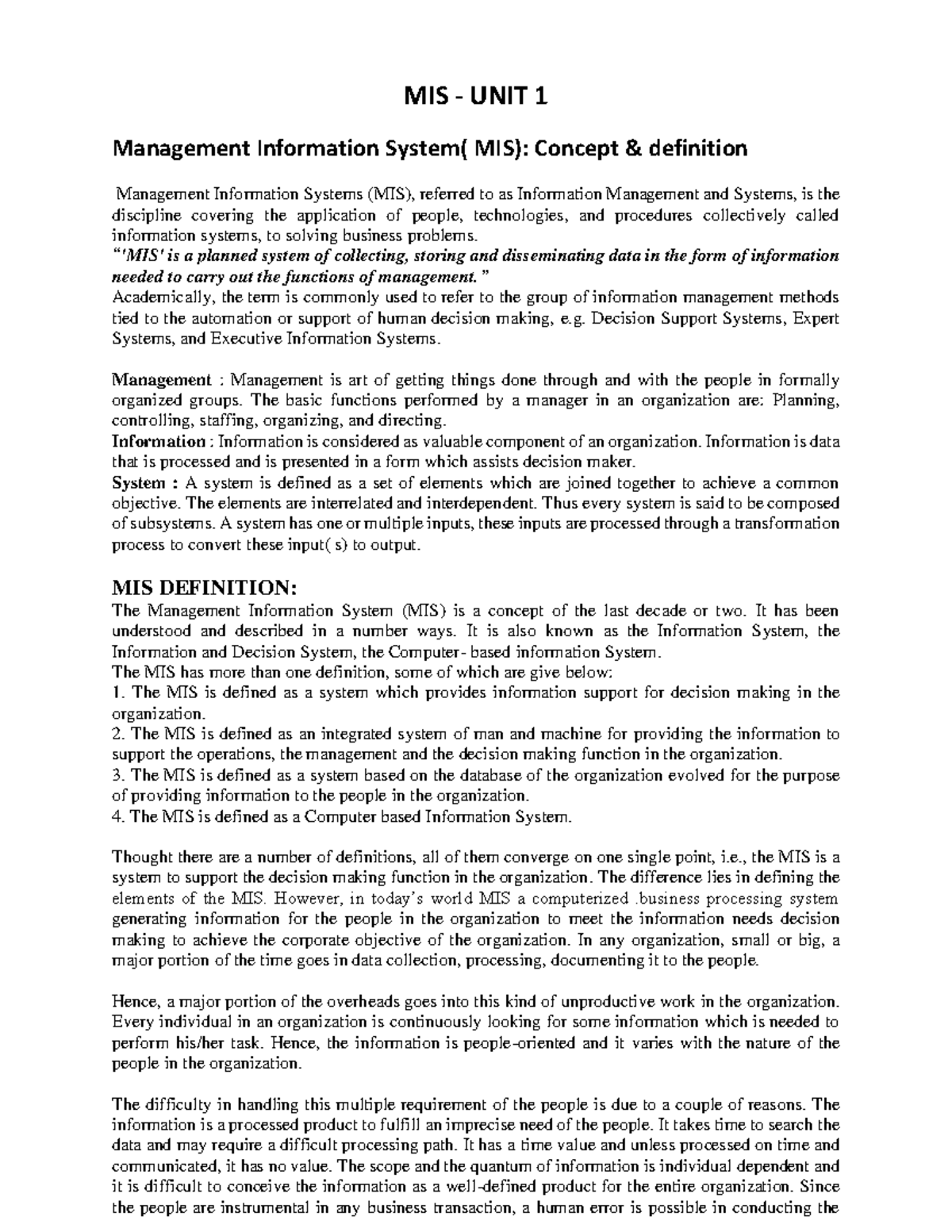 BSC management information system note 1 - MIS - UNIT 1 Management ...