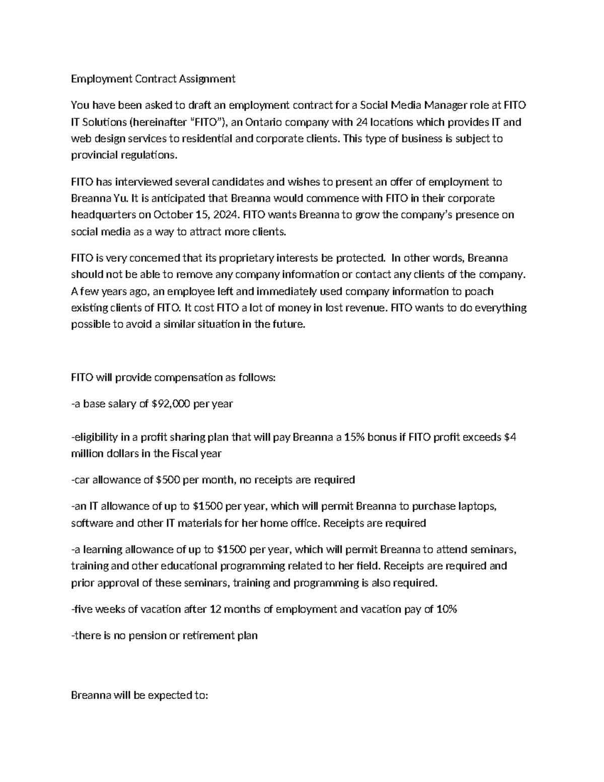 Employment Contract Assignment - Fall 2024 - Employment Contract ...