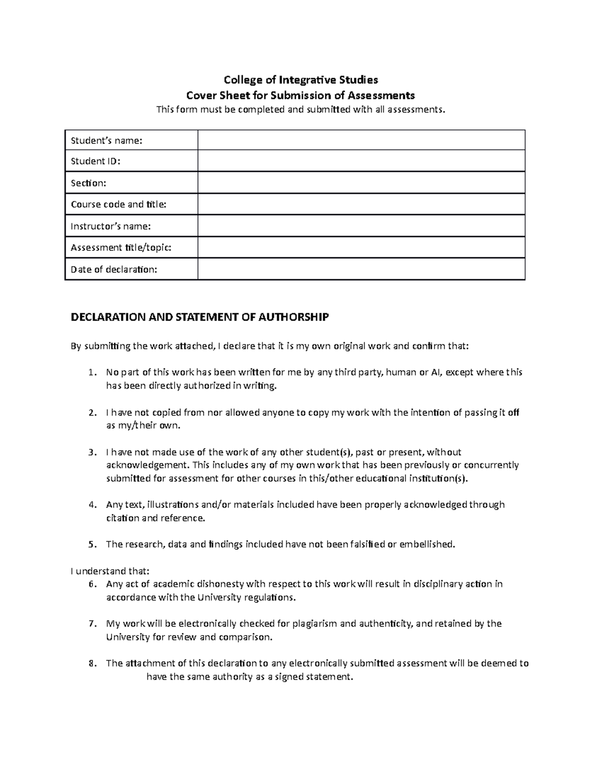 Cover sheet for assessment submission - College of Integrative Studies ...