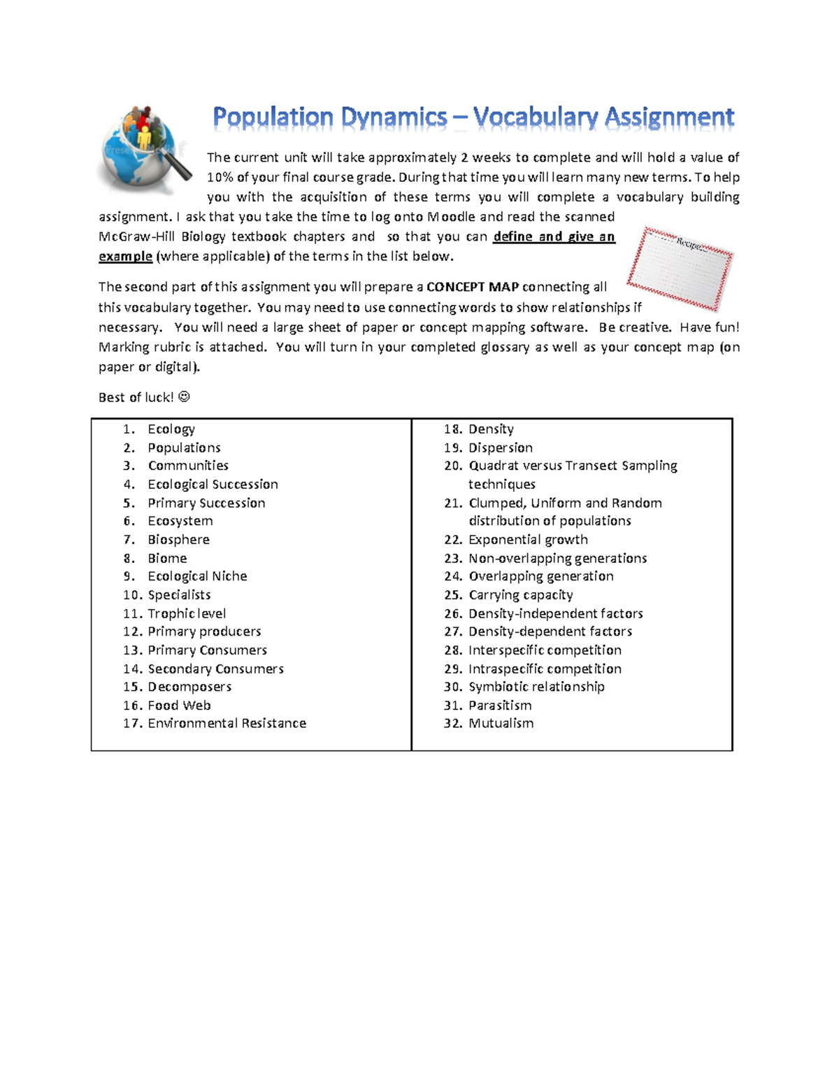 Populations dynamics vocabulary assignment - The current unit will take ...