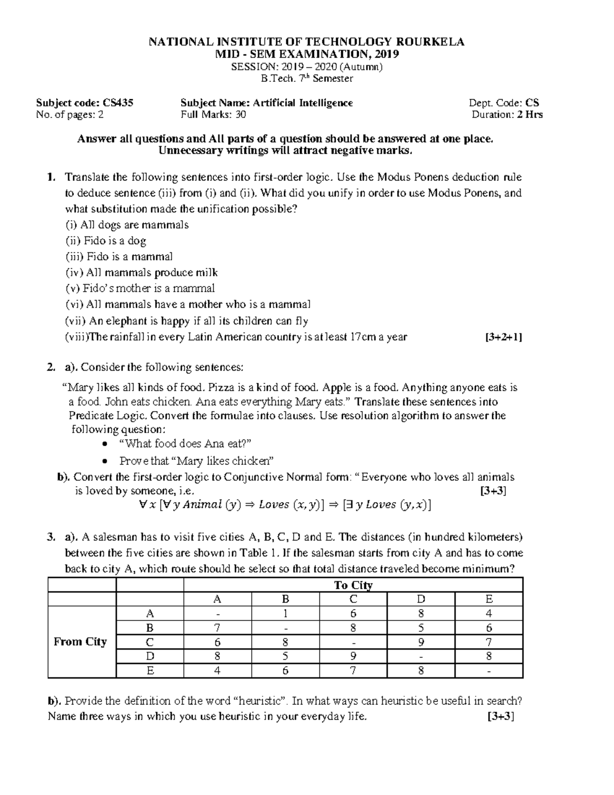 Ai - practi3 paper - NATIONAL INSTITUTE OF TECHNOLOGY ROURKELA MID - SEM EXAMINATION, 2019 ...