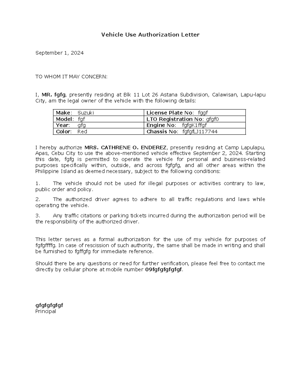 Vehicle Use Authorization Letter Vehicle Use Authorization Letter vehicle-use-authorization-letter-vehicle-use-authorization-letter