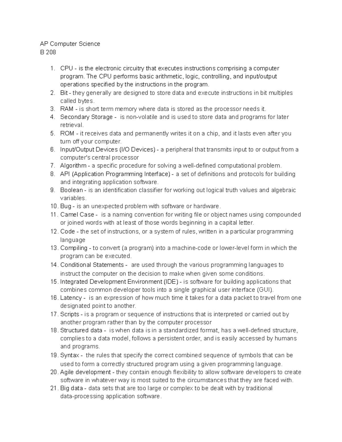Vocabulary - vocab - AP Computer Science B 208 CPU - is the electronic ...