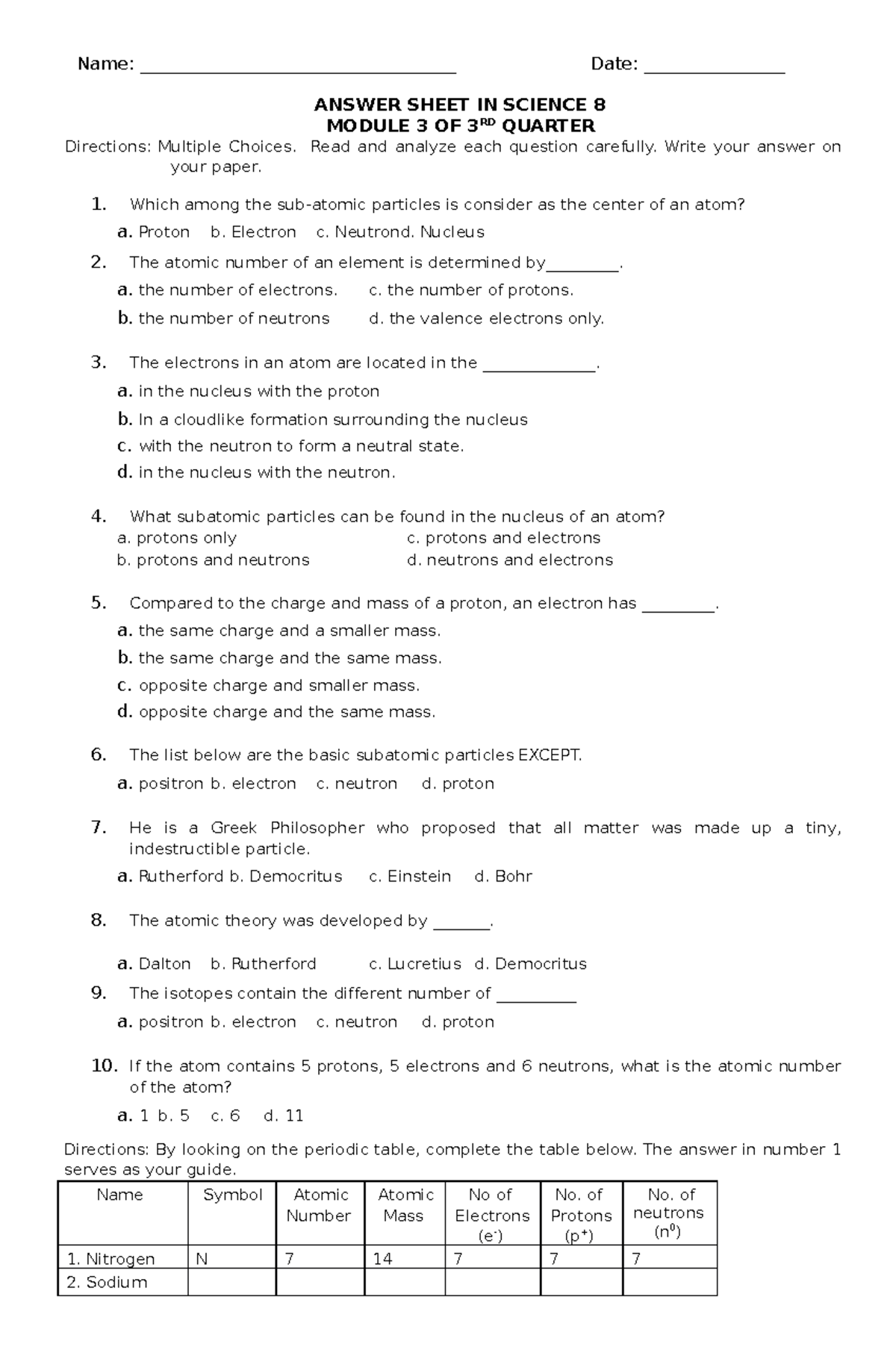 Answer sheet module 3 - Name: ____________________________________ Date