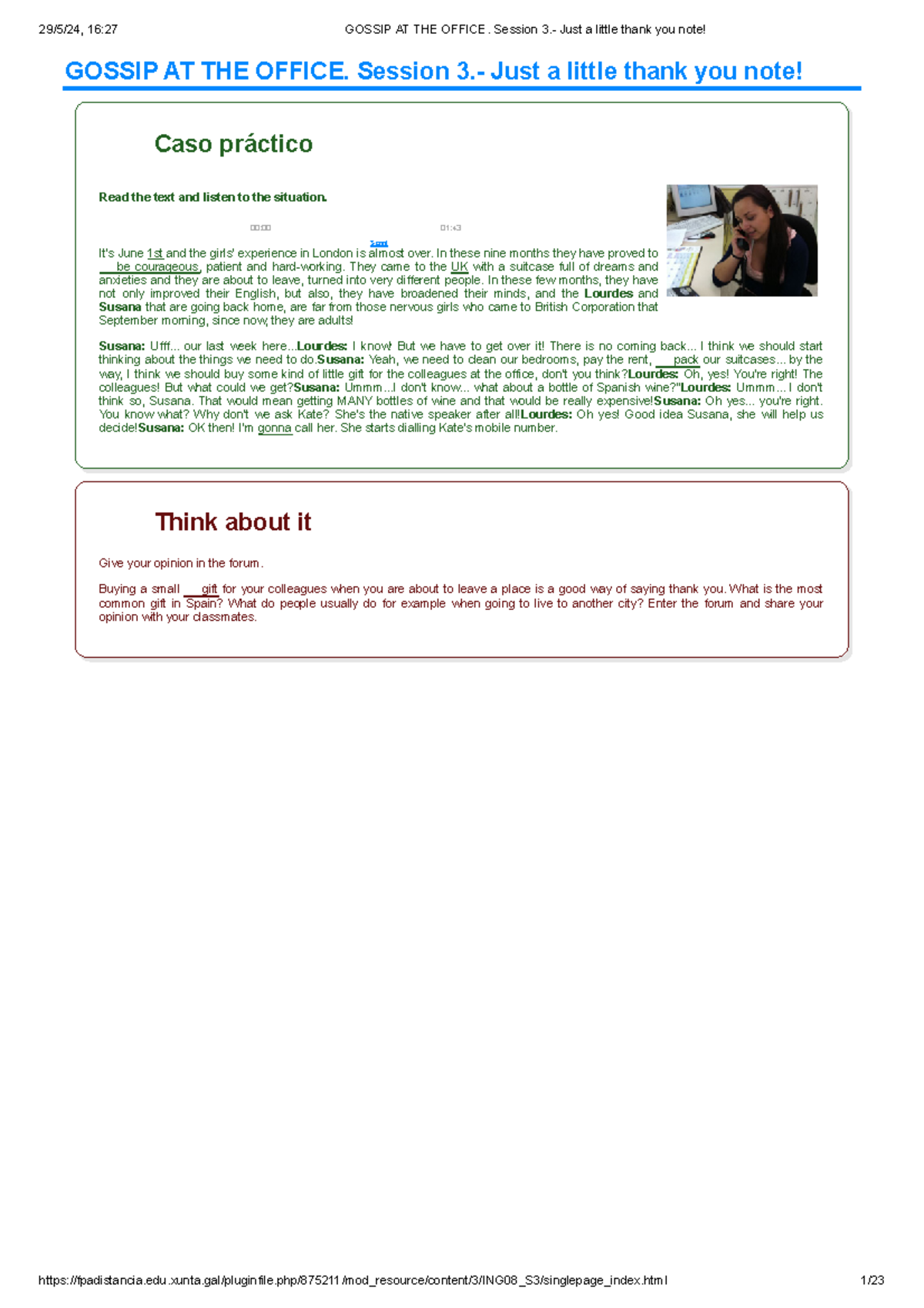 3 Just a little thank you note - GOSSIP AT THE OFFICE. Session 3.- Just ...