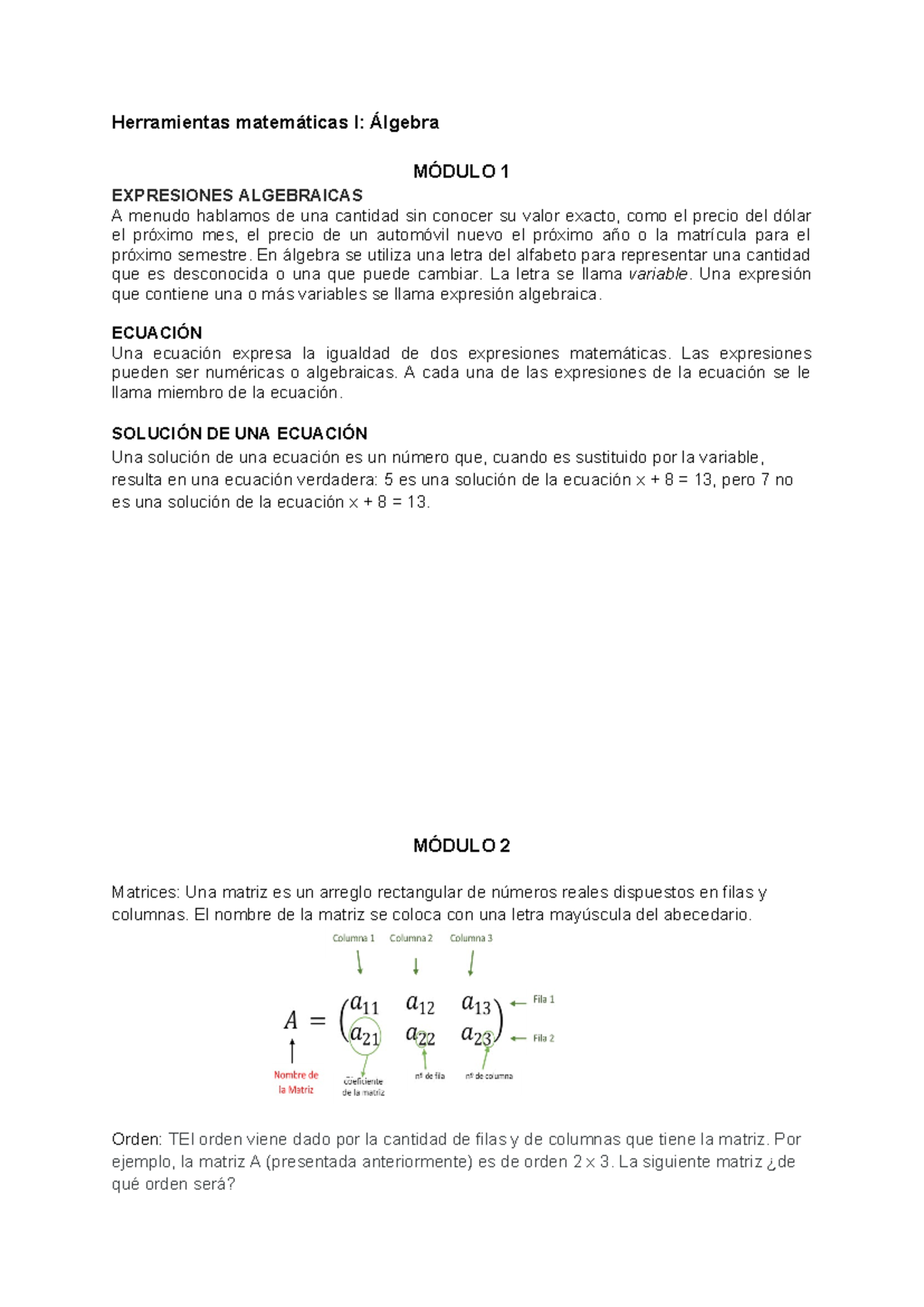 Resumen Algebra - Herramientas matemáticas I: Álgebra MÓDULO 1 ...