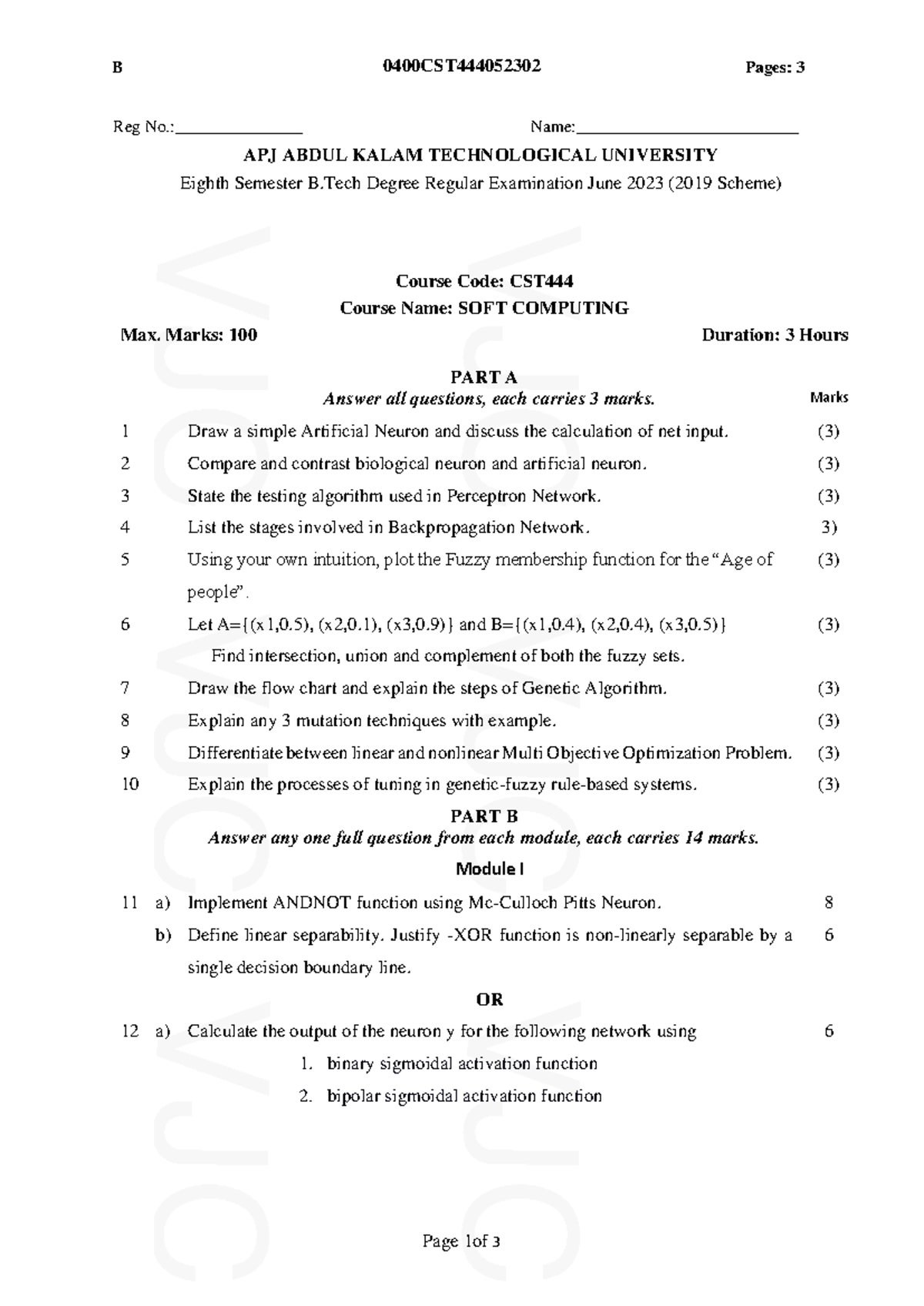 Cst444 A 0400cst Page 1 Of 3 Course Code Cst Course Name Soft Computing Max Marks 100