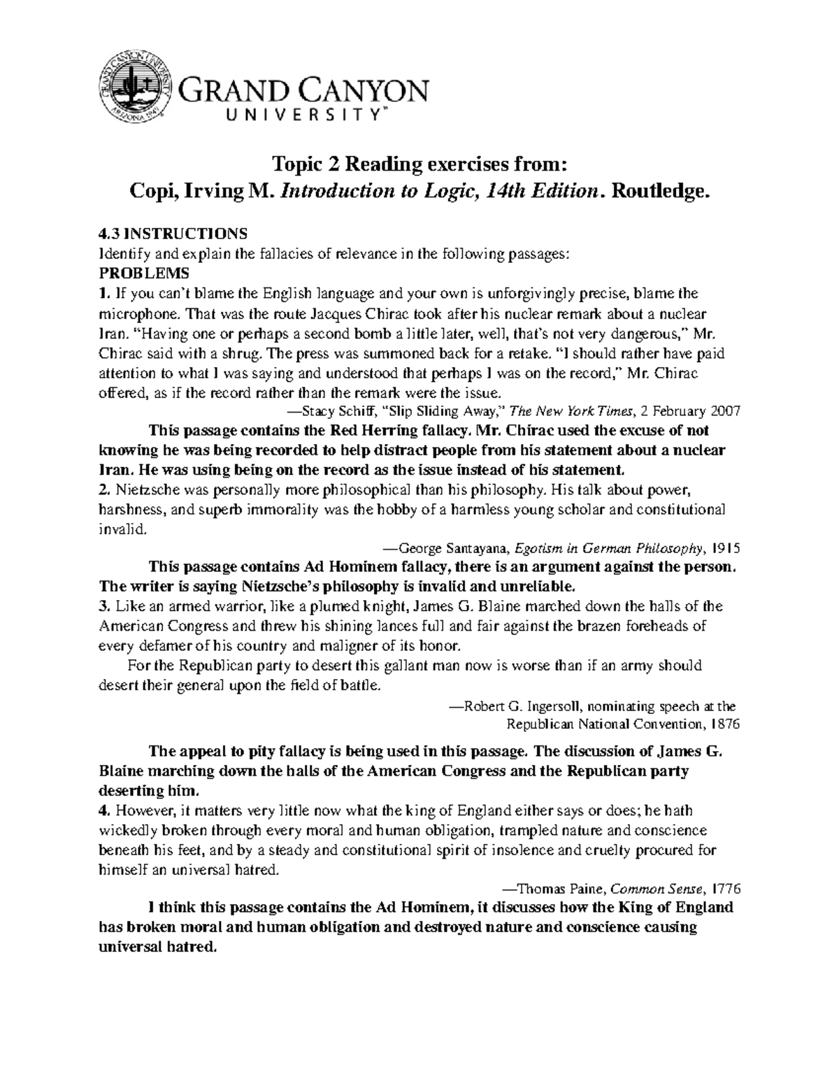 Topic 2 Reading Exercises Com362 - Topic 2 Reading exercises from: Copi, Irving M. Introduction ...
