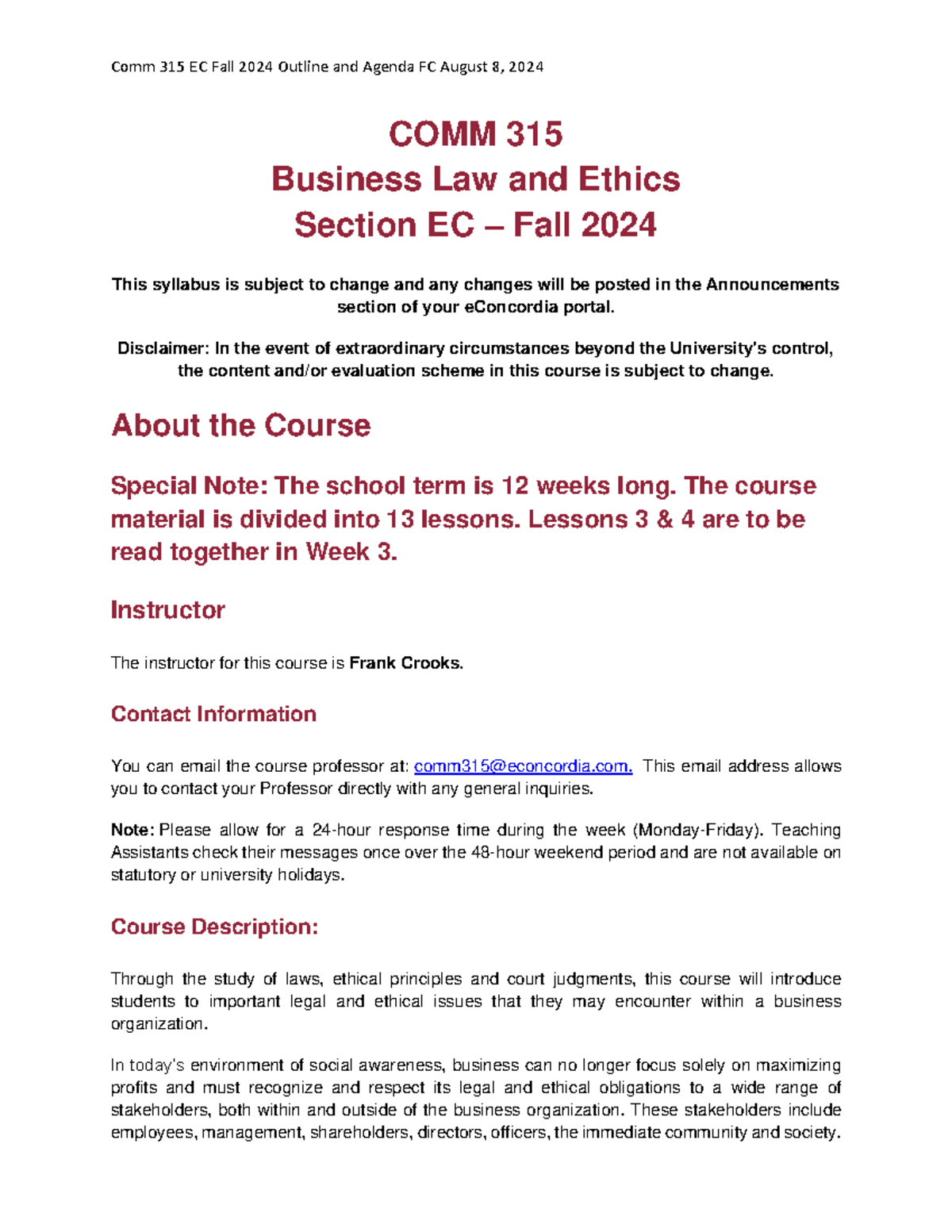 COMM 315 EC - Outline Fall 2024 - COMM 315 Business Law and Ethics ...