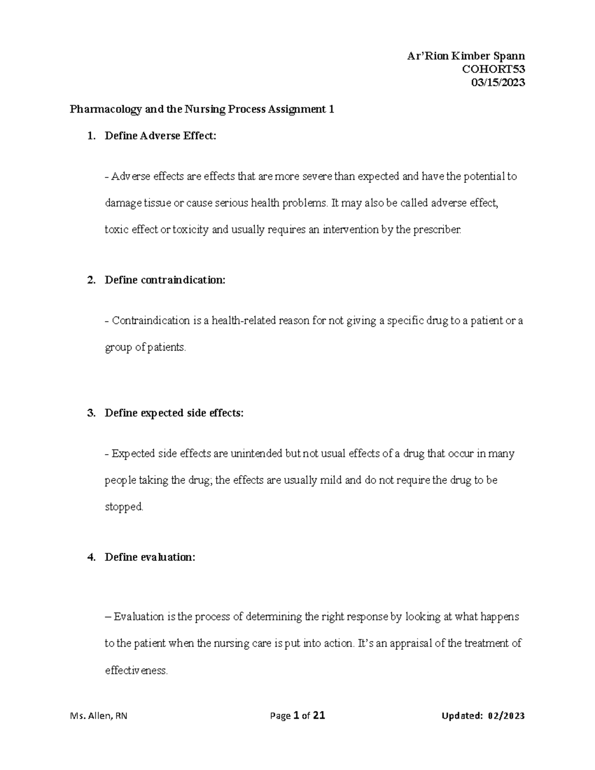 Assignment 1 Pharm AND THE Nursing Process - COHORT 03/15/ Pharmacology ...