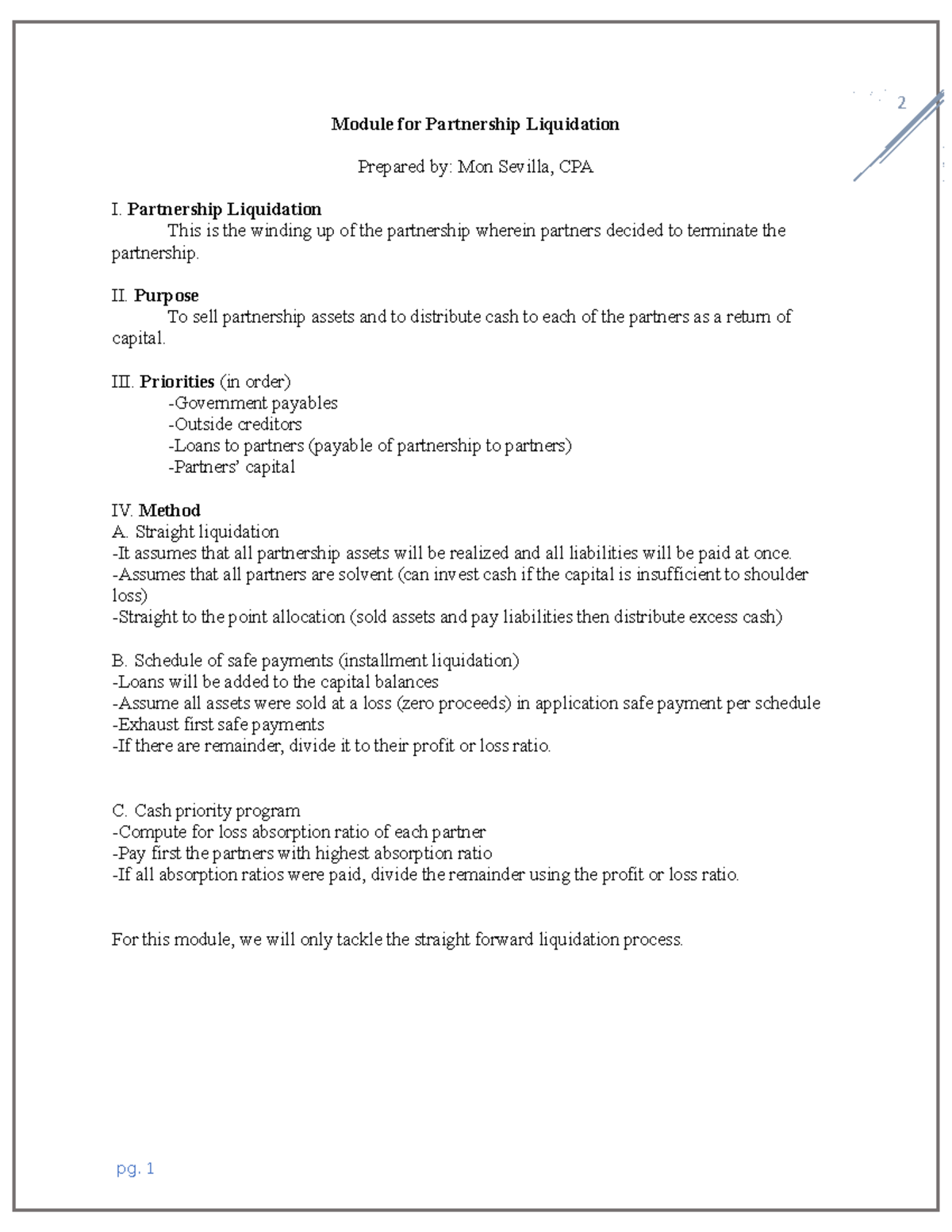 Module partnership liquidation straight method - Module for Partnership ...