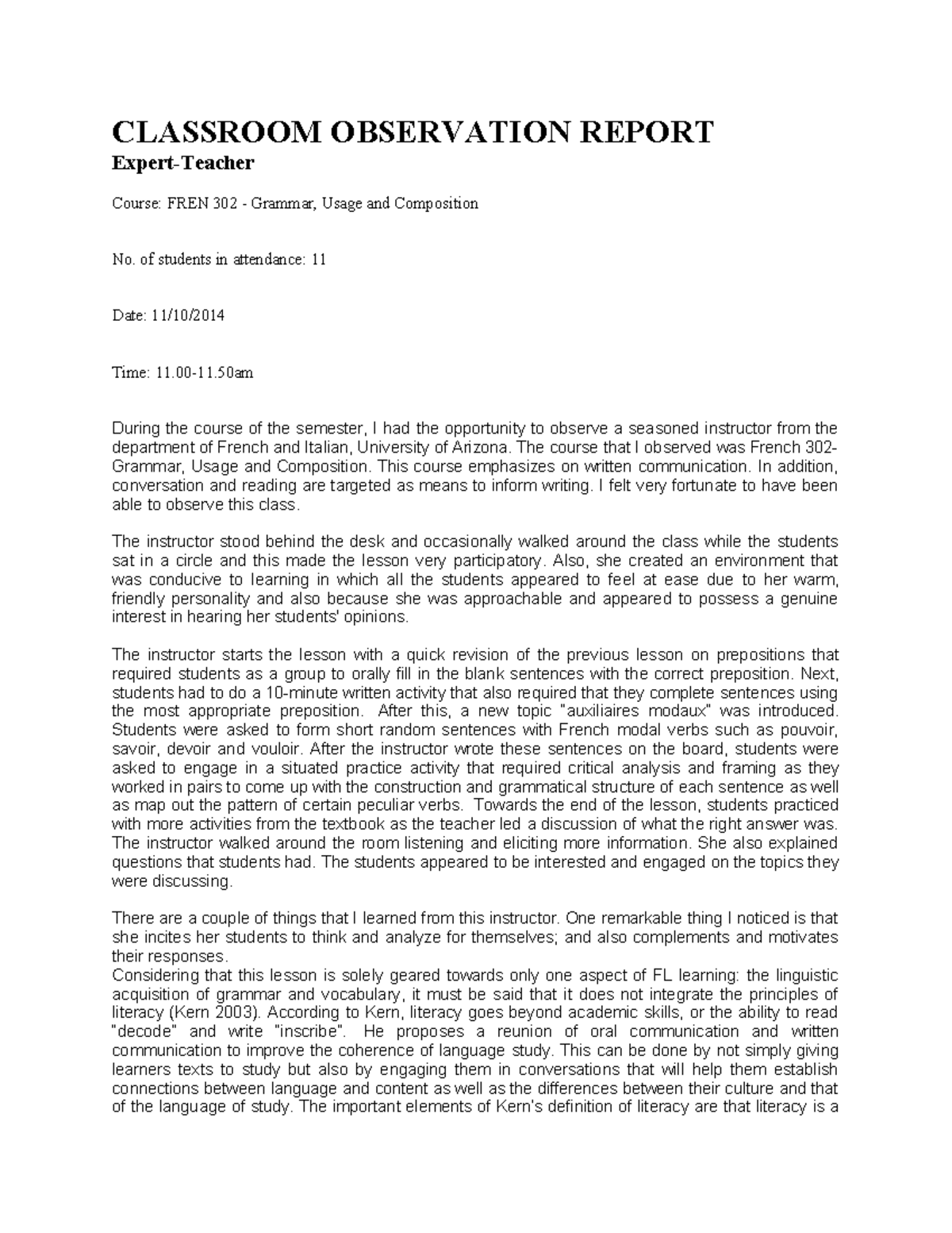 Classroom Observation Report - CLASSROOM OBSERVATION REPORT Expert ...