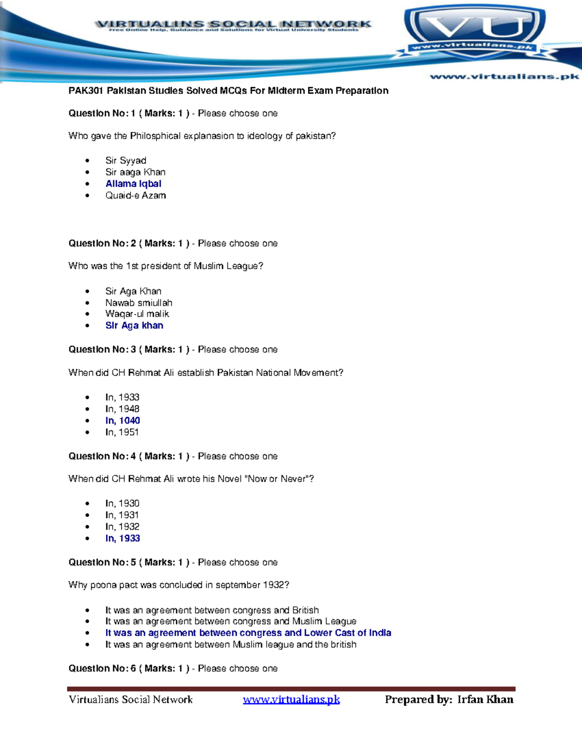 PAK301 QUIZ FILE BY Asfand YARR - PAK301 Pakistan Studies Solved MCQs ...