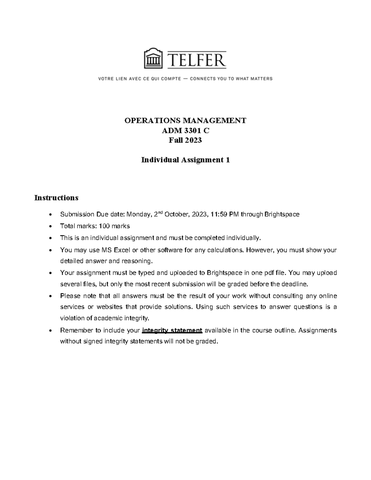 ADM 3301 Assignment 1 F23C - OPERATIONS MANAGEMENT ADM 3301 C Fall 2023 ...