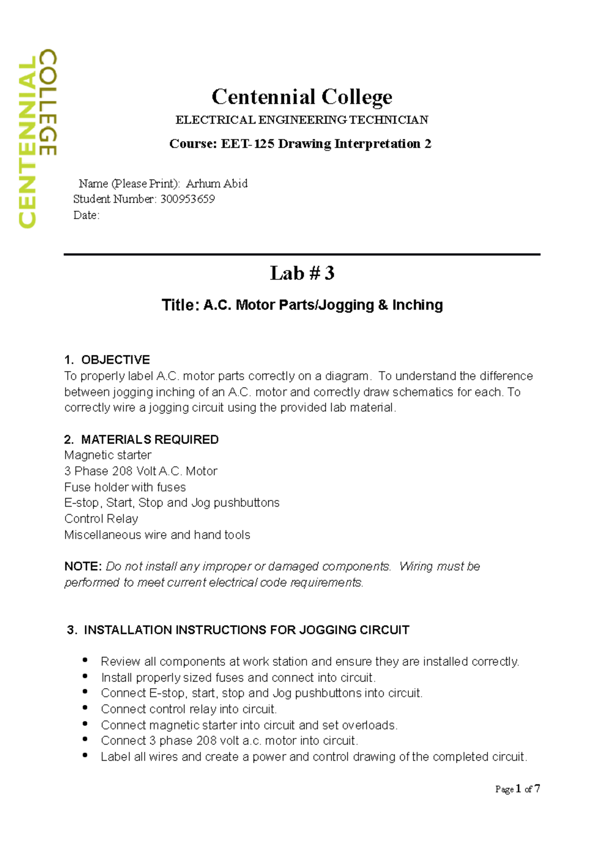 Lab 3 AC Parts Multiple Pushbutton and Jogging Lab - Centennial College ...