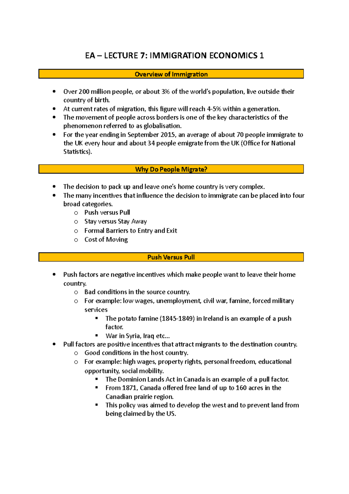 Lecture 7 - EA – LECTURE 7: IMMIGRATION ECONOMICS 1 Overview of ...