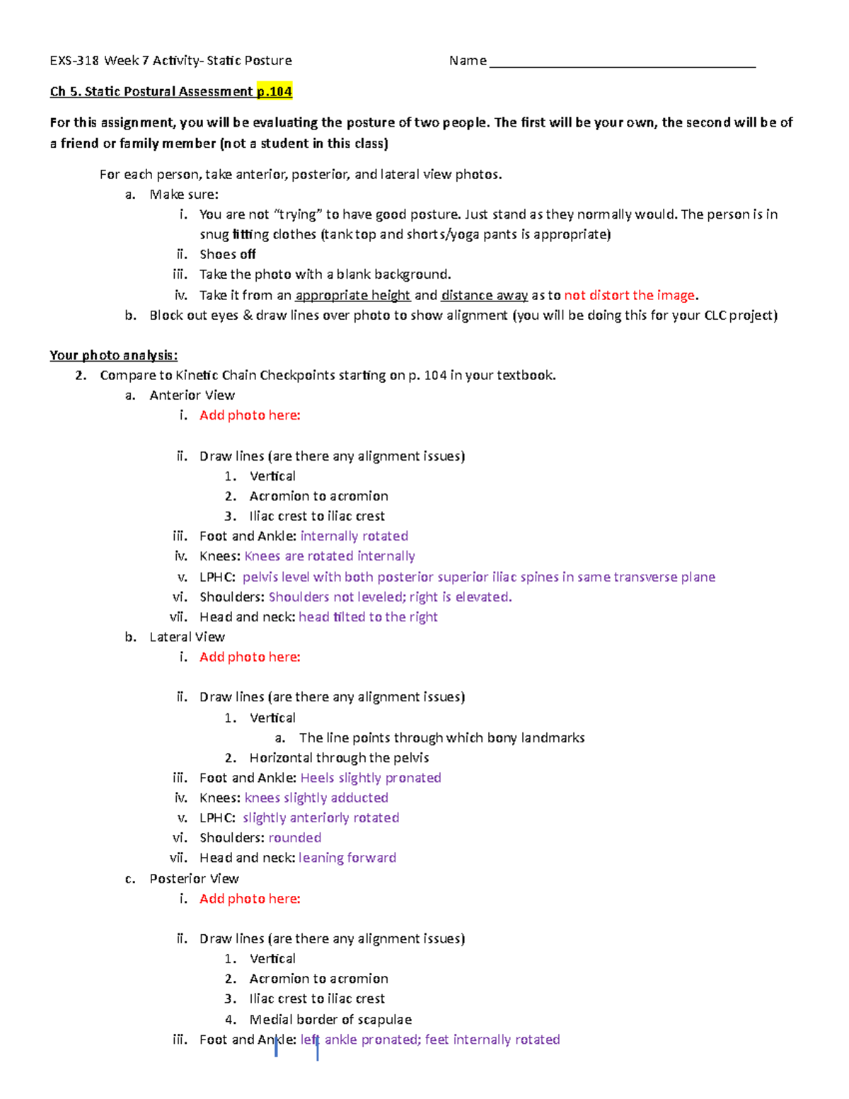 EXS-318 Week 7 Activity Static Posture - EXS-318 Week 7 Activity- Static Posture Name - Studocu