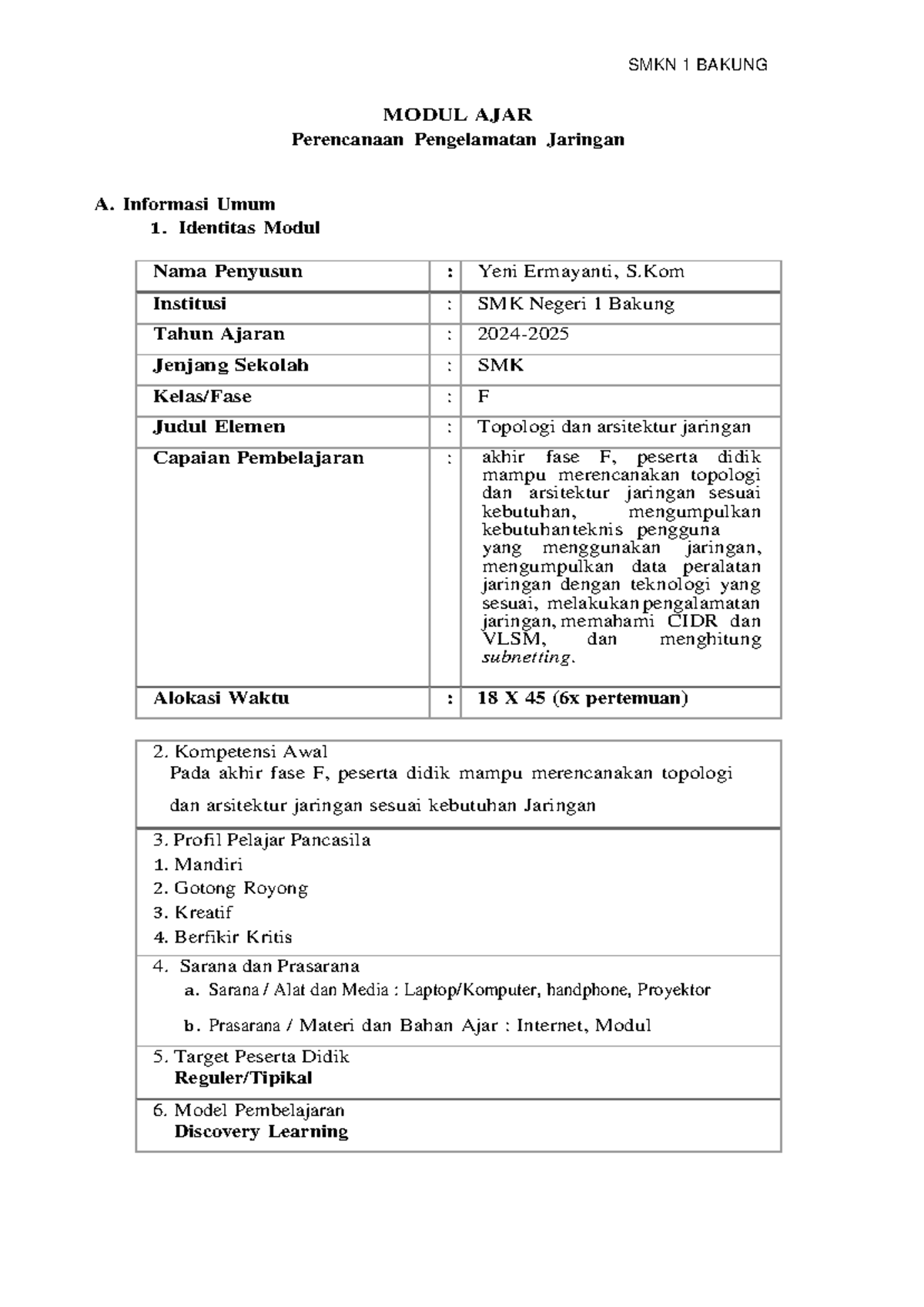 Konsentrasi Keahlian TKJ XI - MODUL AJAR Perencanaan Pengelamatan Jaringan A. Informasi Umum 1 ...