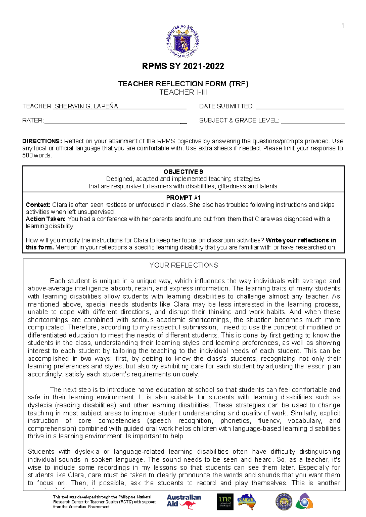 Blank Teacher Reflection Form for T I III for RPMS SY 2021 2022 - RPMS ...