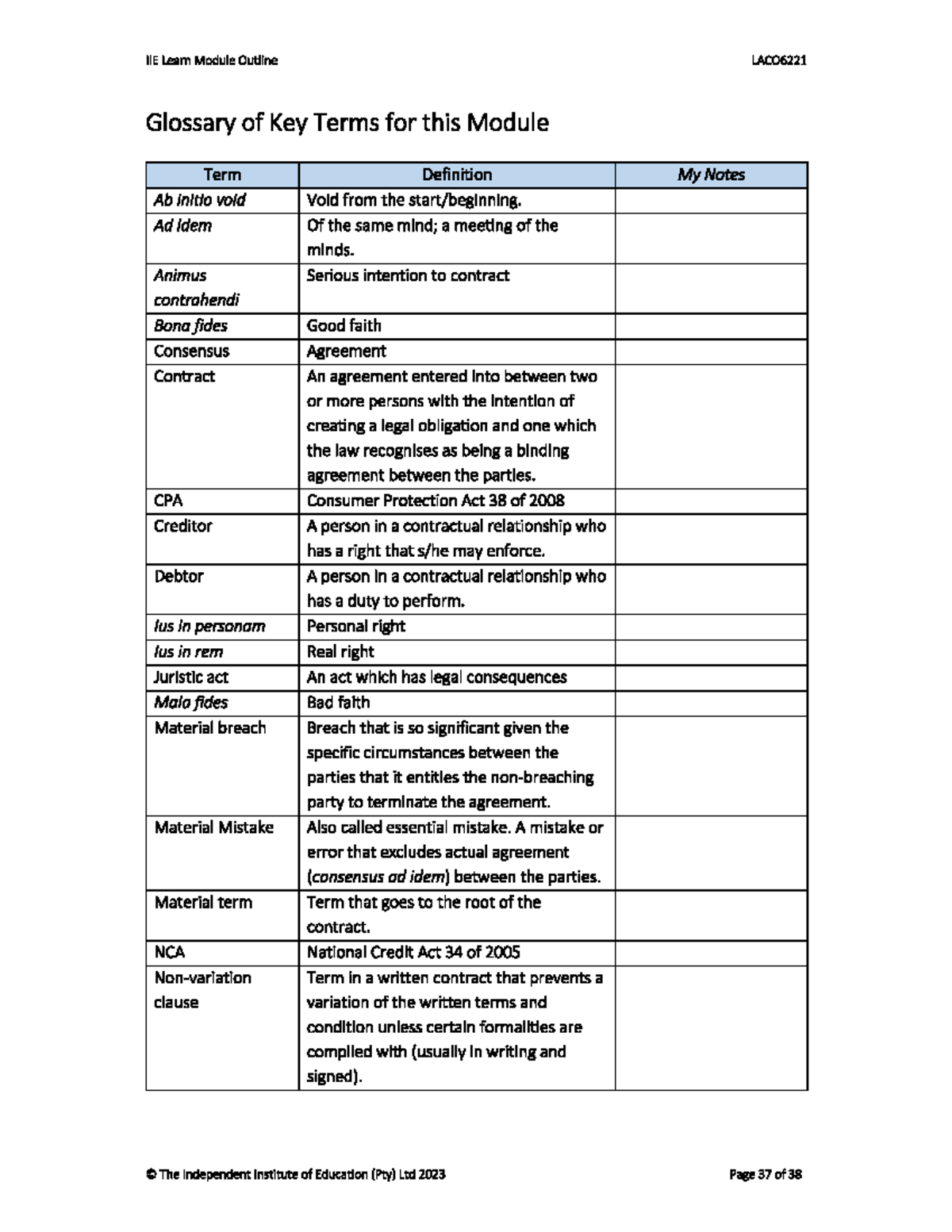 Key terms in Law of Contract - IIE Learn Module Outline LACO6221 ...