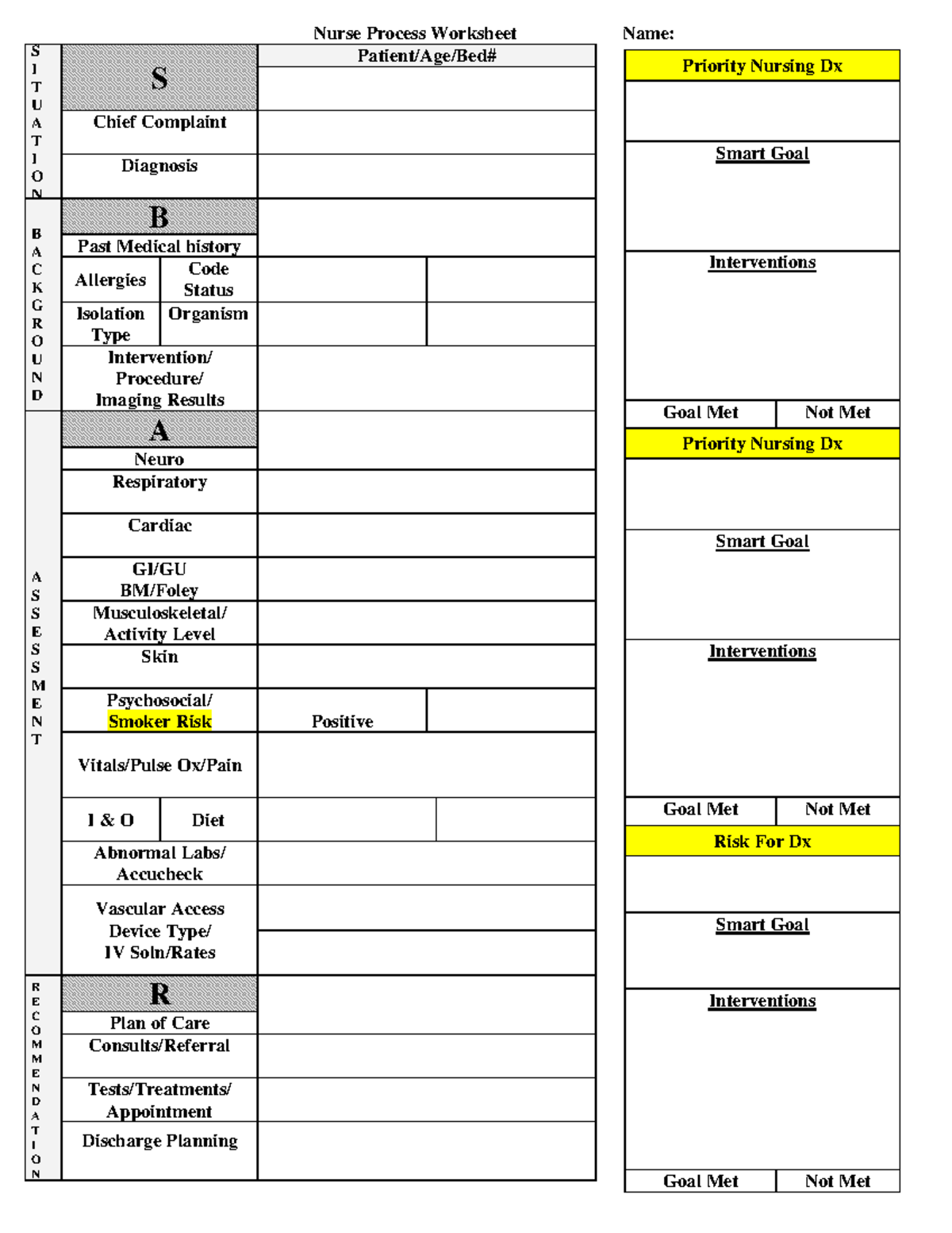 SBAR NPW - To help with SBAR for Clinicals - Nurse Process Worksheet ...