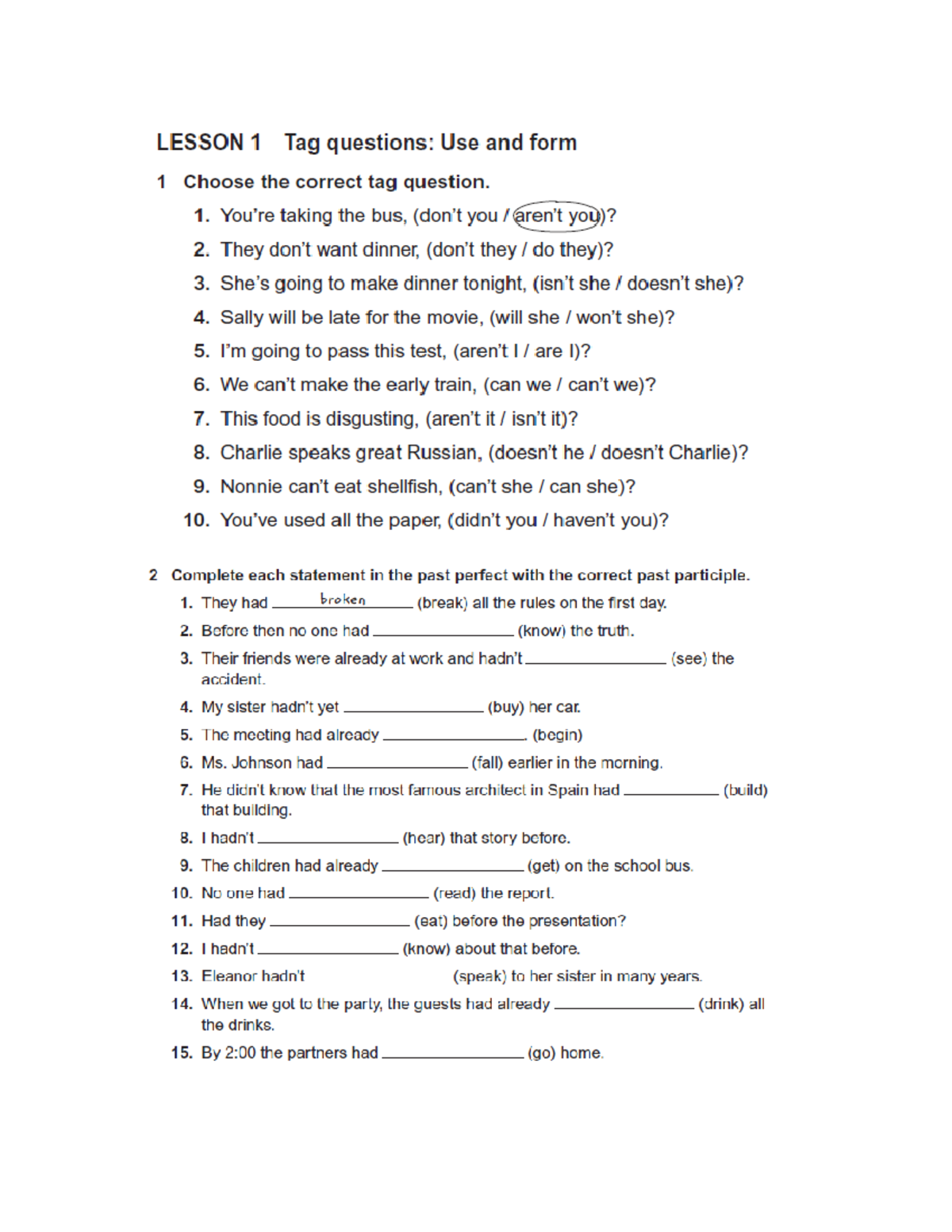 Extra Activities - Homework - LESSON 1 Tag questions: Use and form 1 ...