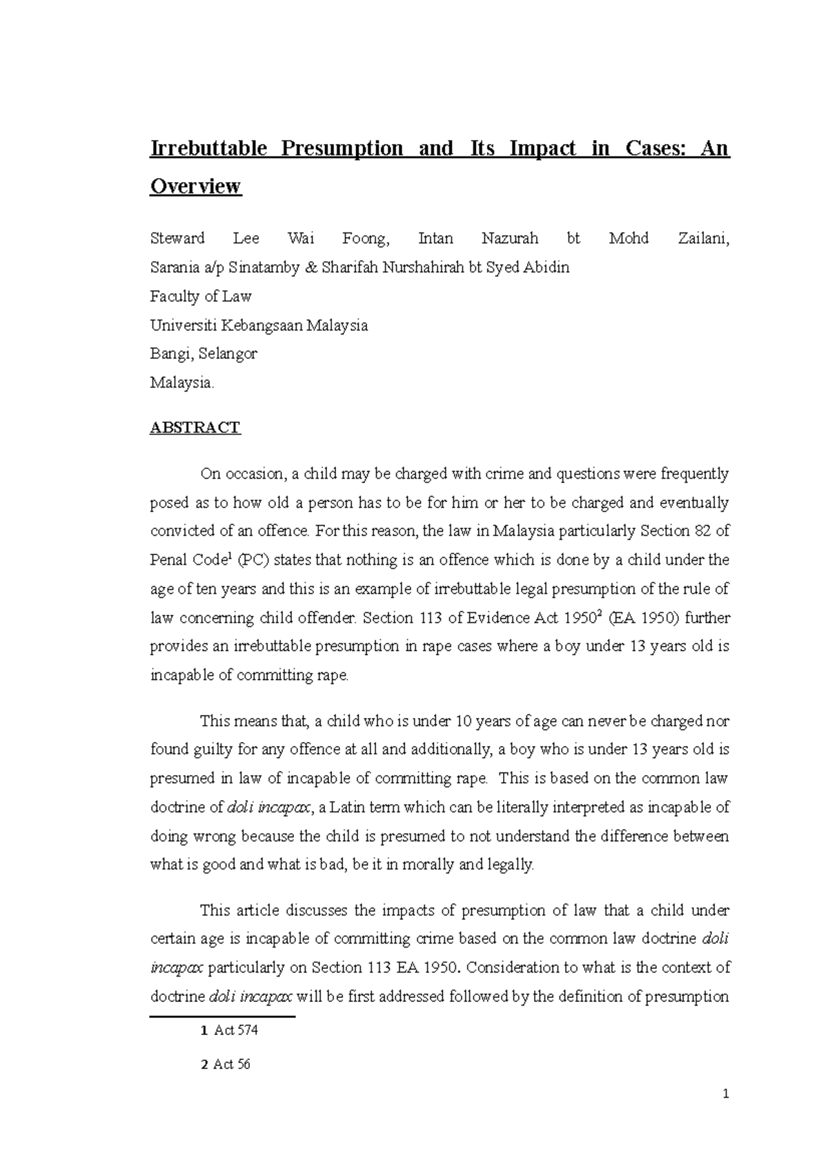 Irrebuttable Presumption and Its Impact in Cases Involving Children ...