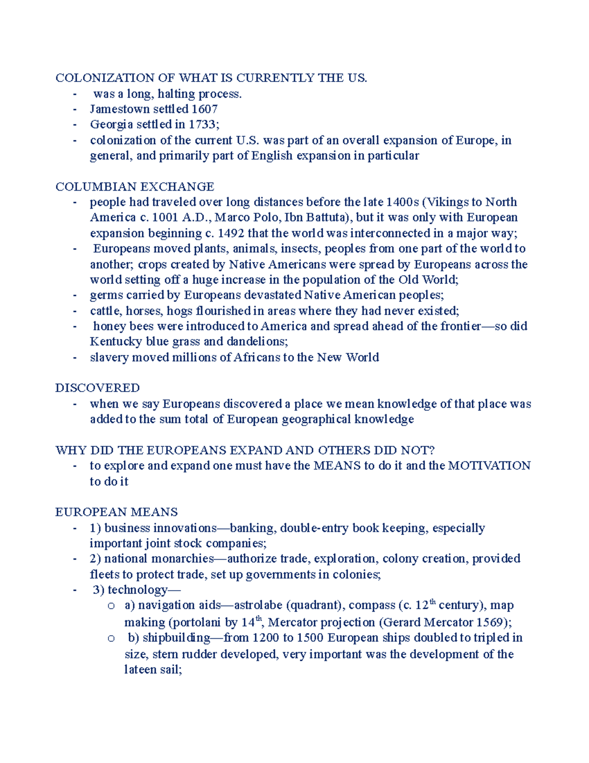 History outline - edited - COLONIZATION OF WHAT IS CURRENTLY THE US ...