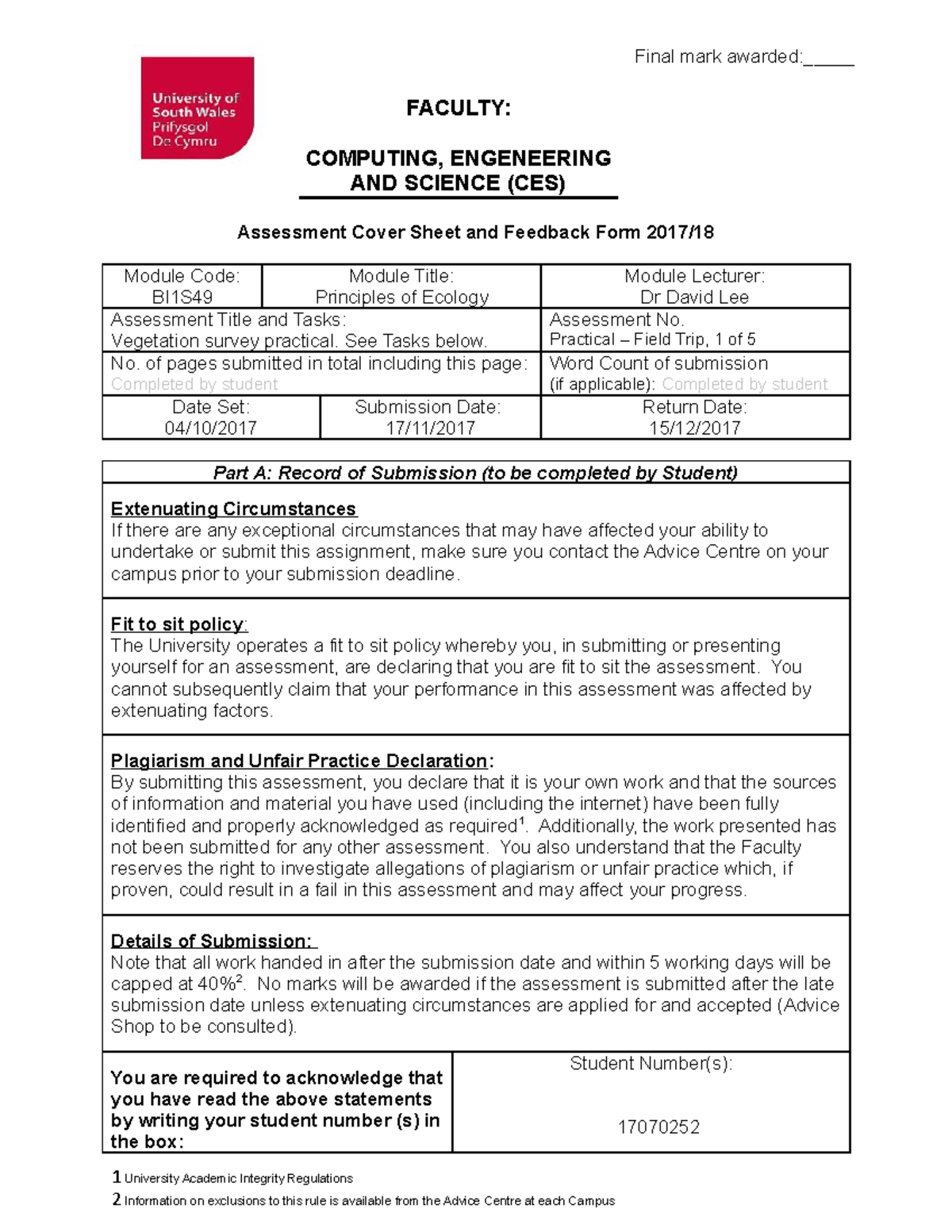 Vegetation Survey Assignment - Final mark awarded:_____ FACULTY ...