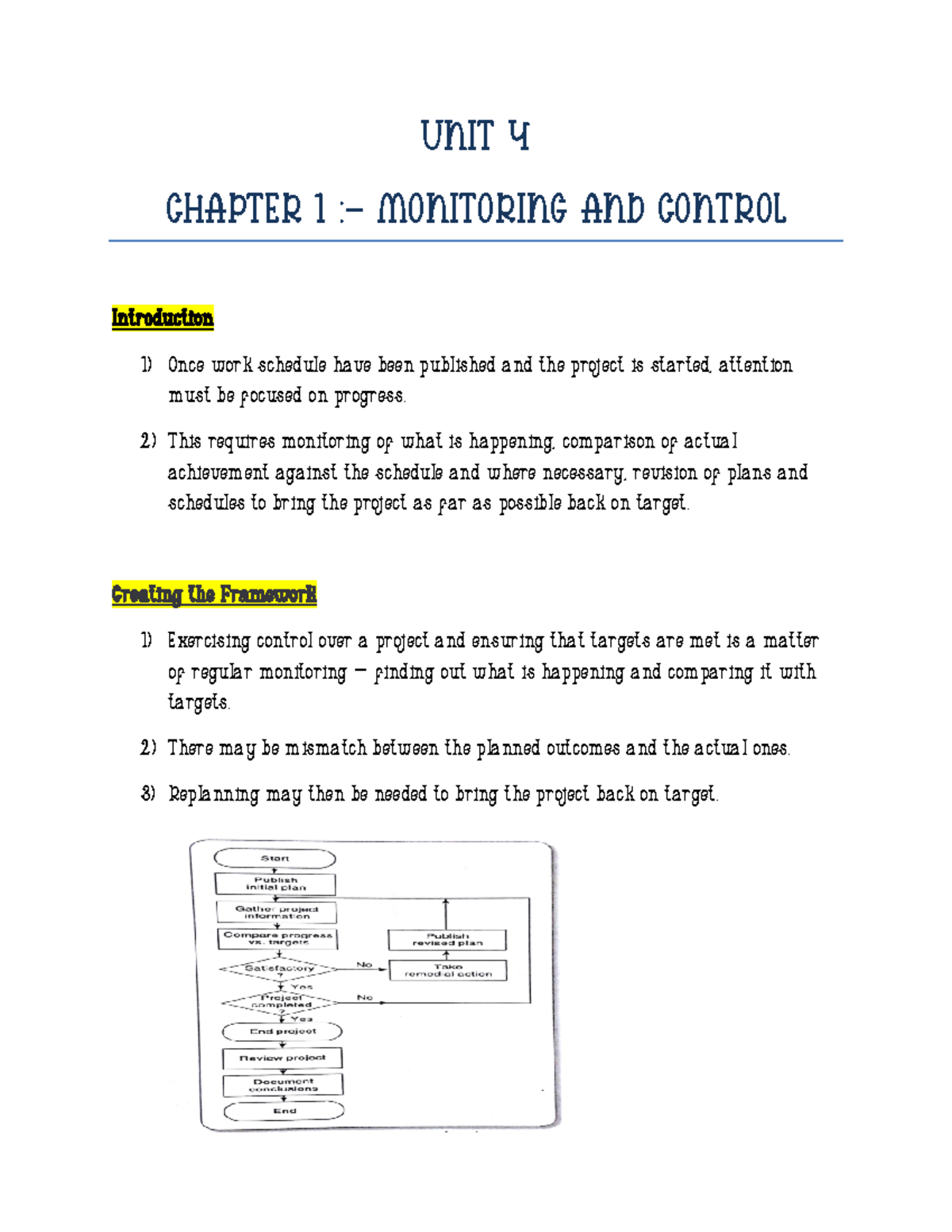 UNIT NO 4 SPM - Unit4 - UNIT 4 CHAPTER 1 :- MONITORING AND CONTROL Introduction 1) Once work ...