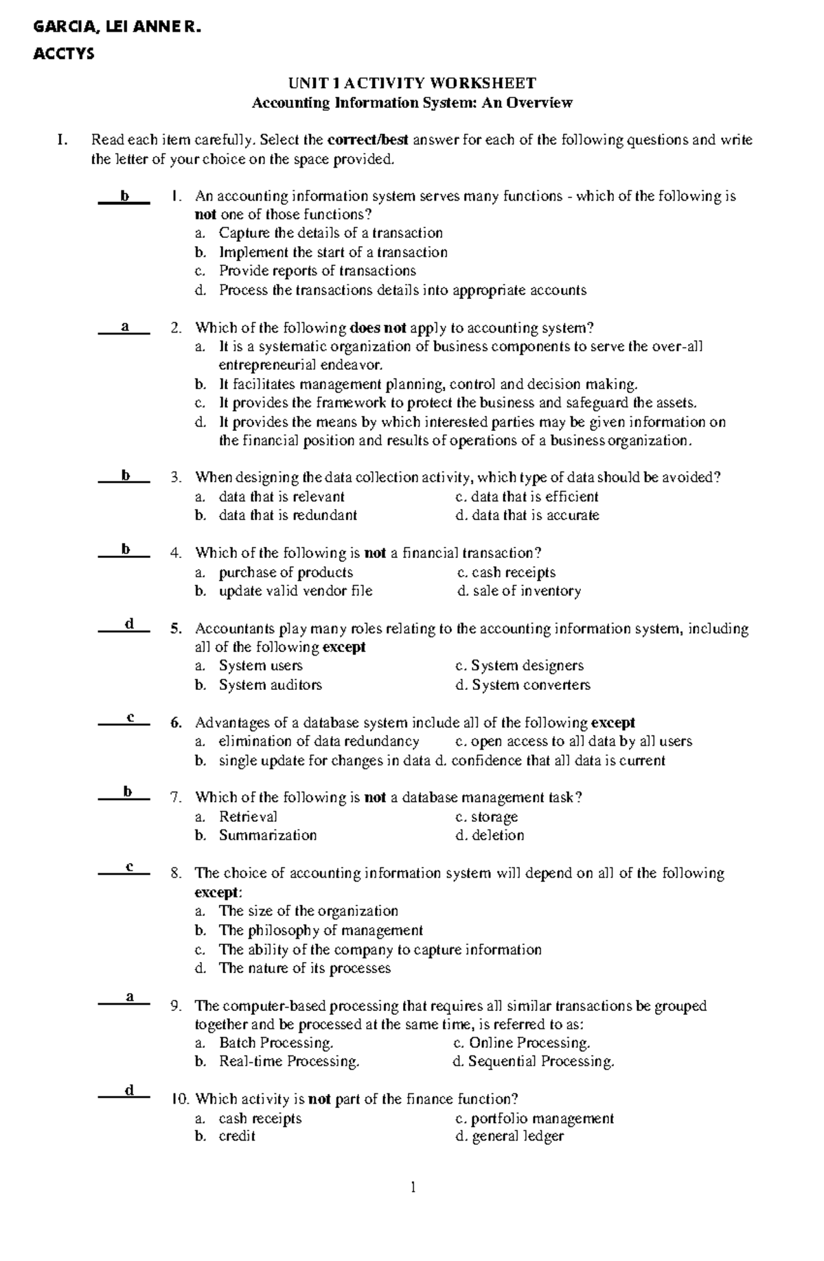 Acctsys Unit 1 Worksheets - UNIT 1 ACTIVITY WORKSHEET Accounting Information System: An Overview ...