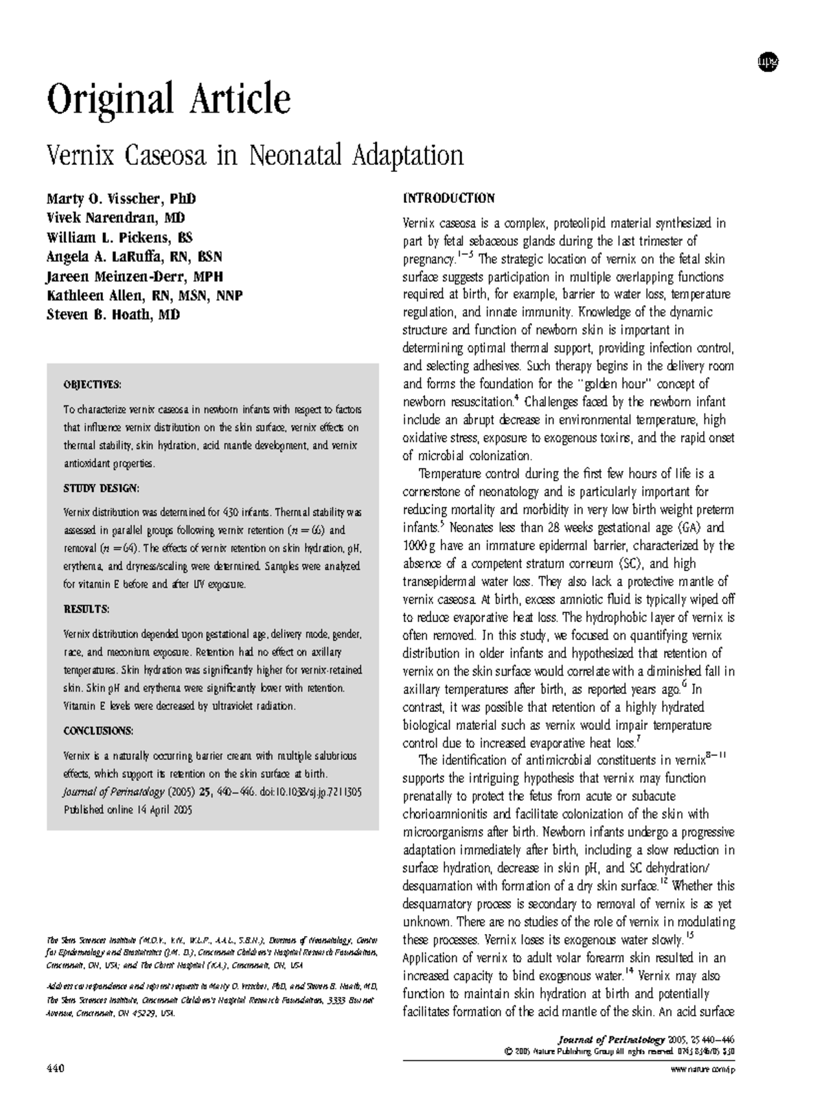 Vernix caseosa in neonatal adaptation - Original Article Vernix Caseosa ...