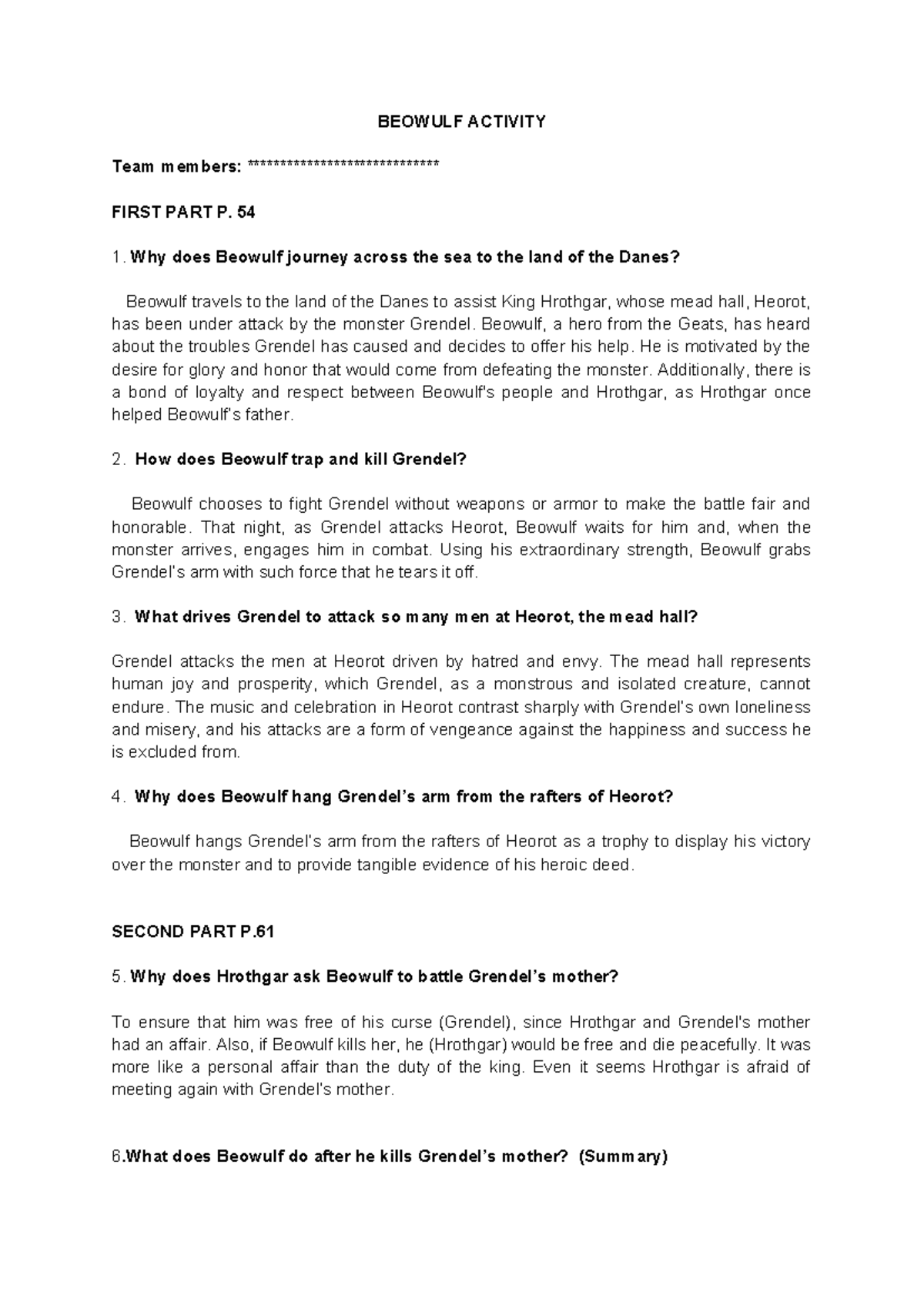 Beowulf Activity - BEOWULF ACTIVITY Team members ...