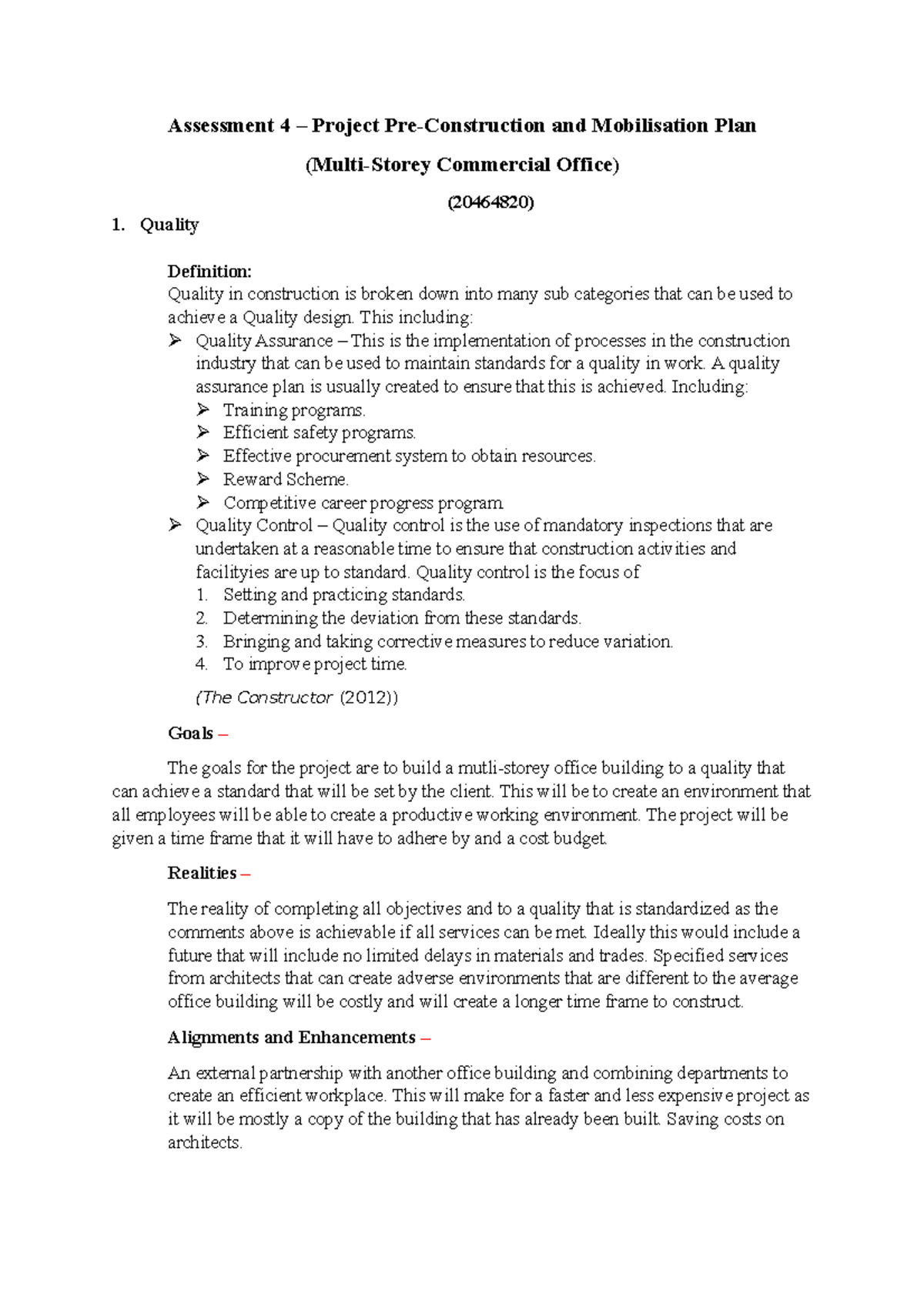 Modern Construction Assessment Task 4 - Assessment 4 – Project Pre ...