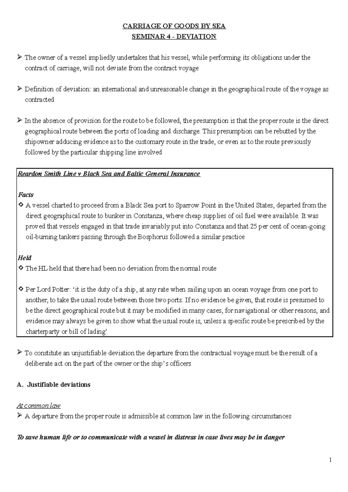 Seminar 4 - deviation - CARRIAGE OF GOODS BY SEA SEMINAR 4 - DEVIATION ...