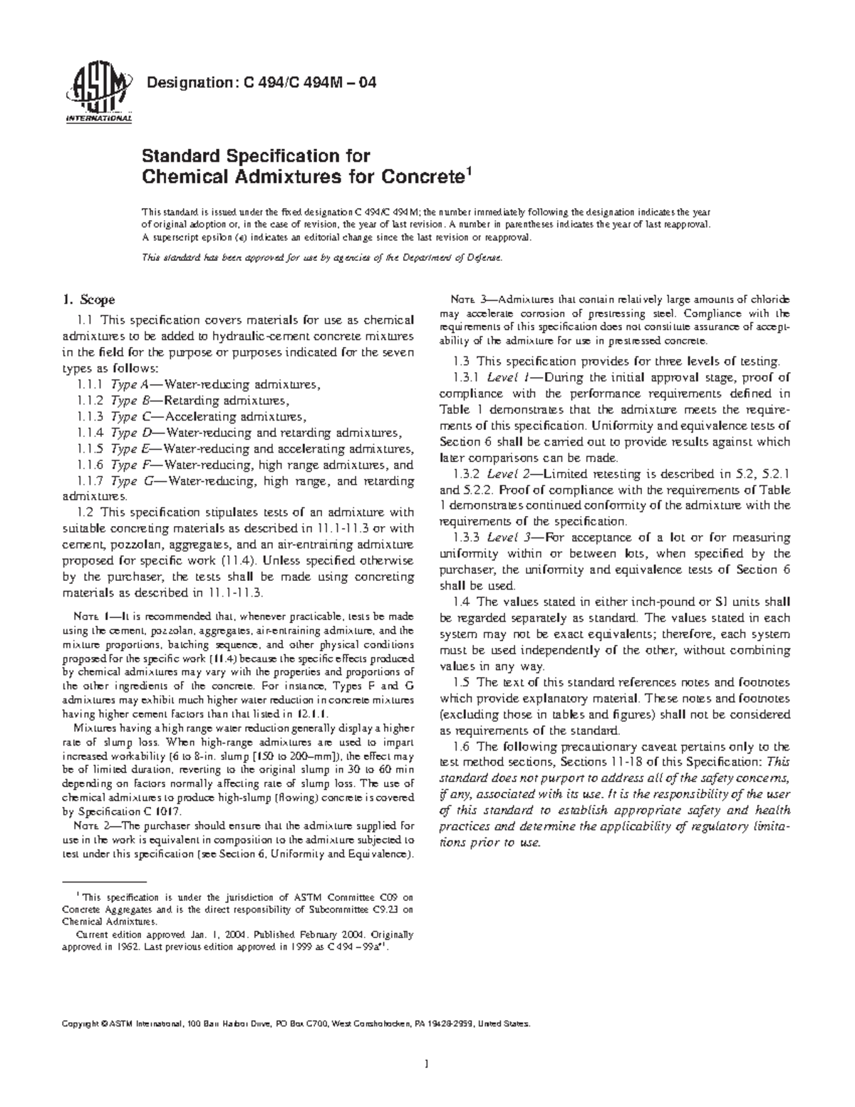 ASTM C 494 Standard Specification for chemical Admixture for concrete ...