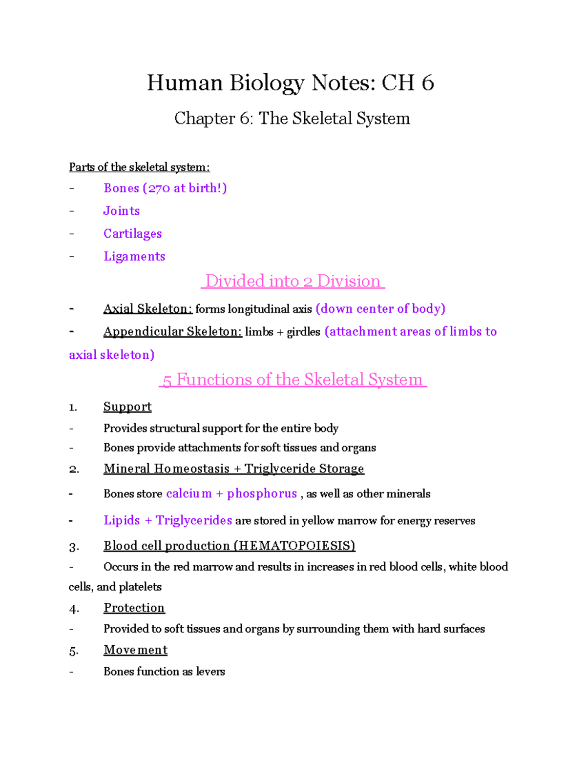 Human Biology Notes CH 6 + 7 - Human Biology Notes: CH 6 Chapter 6: The ...