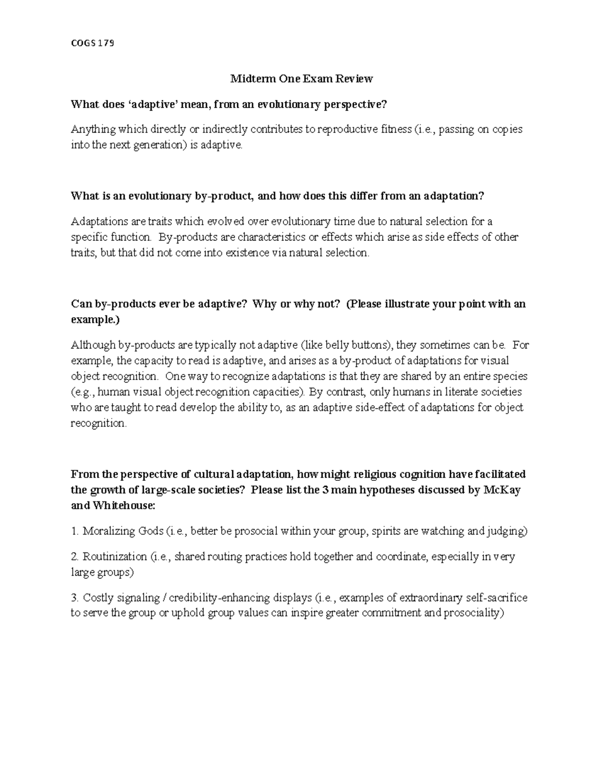 Midterm 1 Review Answers - Midterm One Exam Review What does ‘adaptive ...