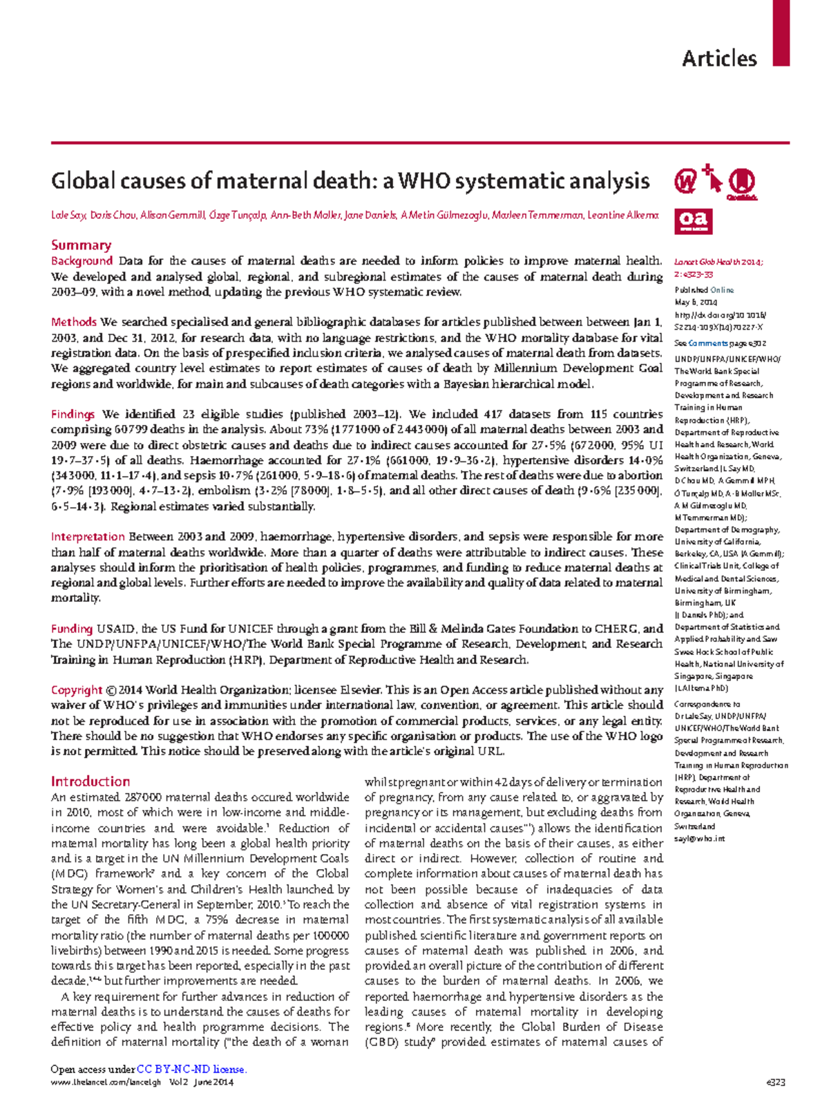 Global causes of maternal death a WHO systematic - We developed and ...