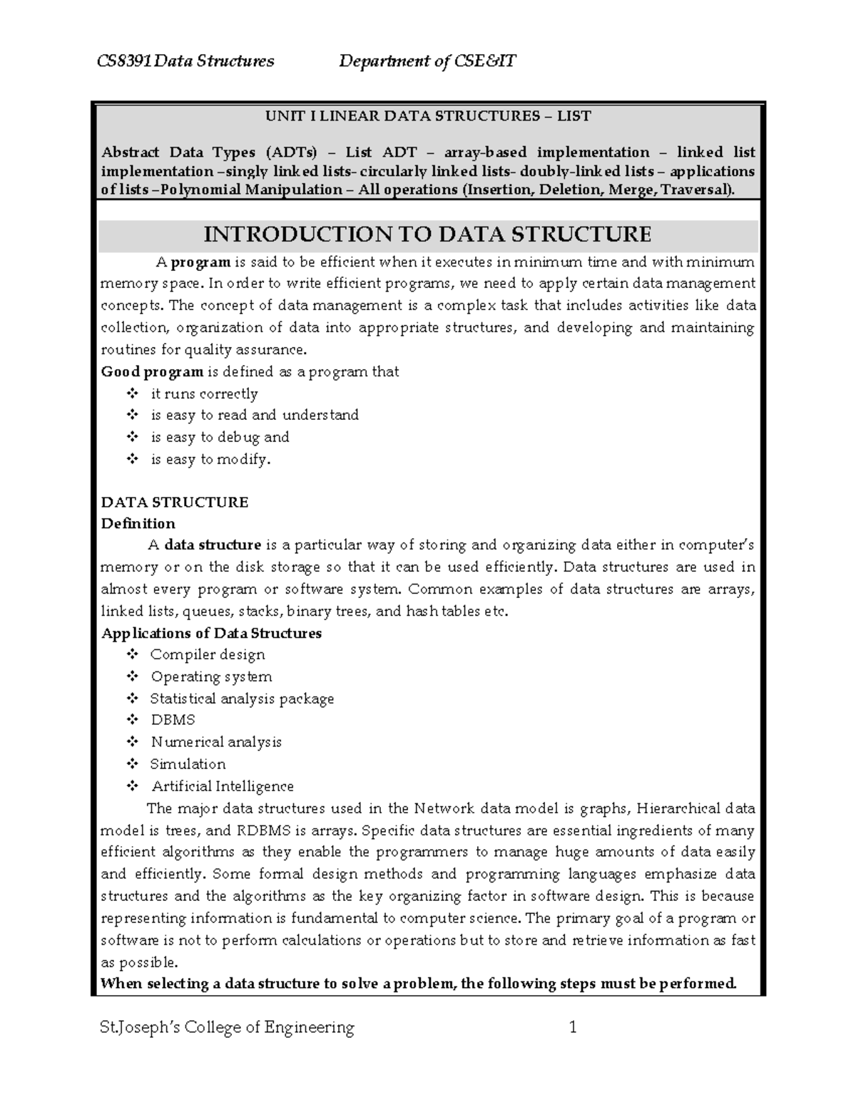 109238 UNIT I LINEAR DATA STRUCTURES LIST Abstract Data Types ADTs 109238-unit-i-linear-data-structures-list-abstract-data-types-adts
