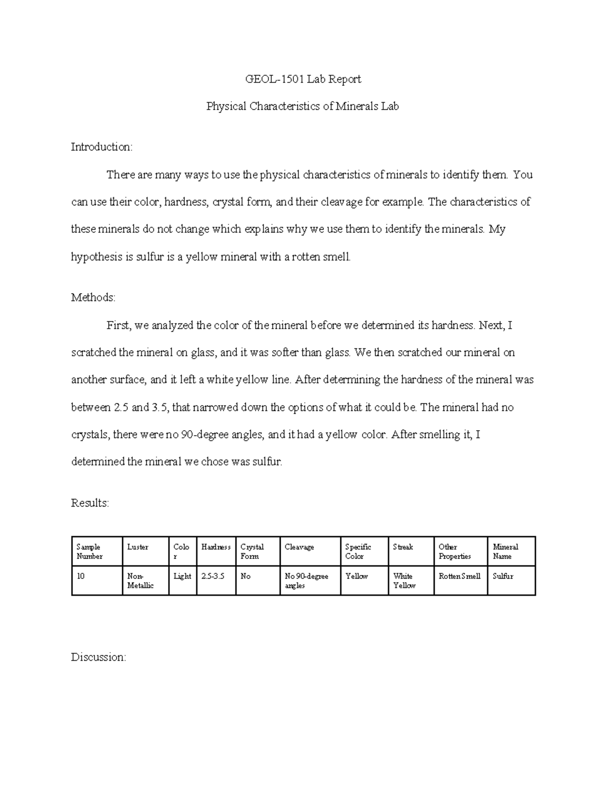 Physical charachteristics lab - GEOL-1501 Lab Report Physical ...