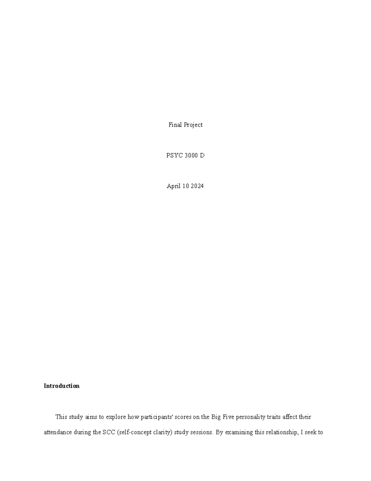 Final Project - Final Project PSYC 3000 D April 10 2024 Introduction ...