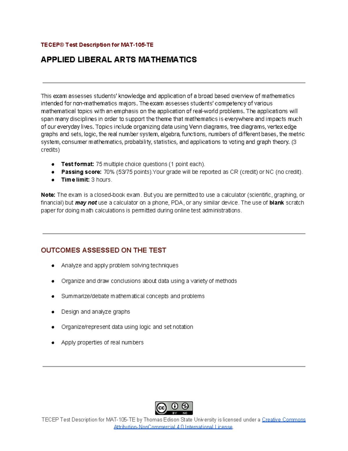 MAT-105 - Mathematics - TECEP® Test Description for MAT-105-TE APPLIED ...