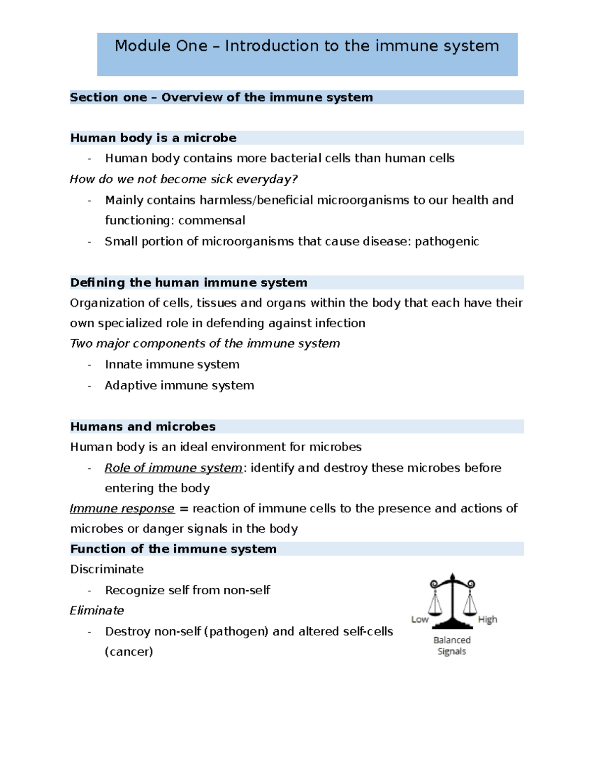 MICR module 1 - Notes - Section one – Overview of the immune system ...