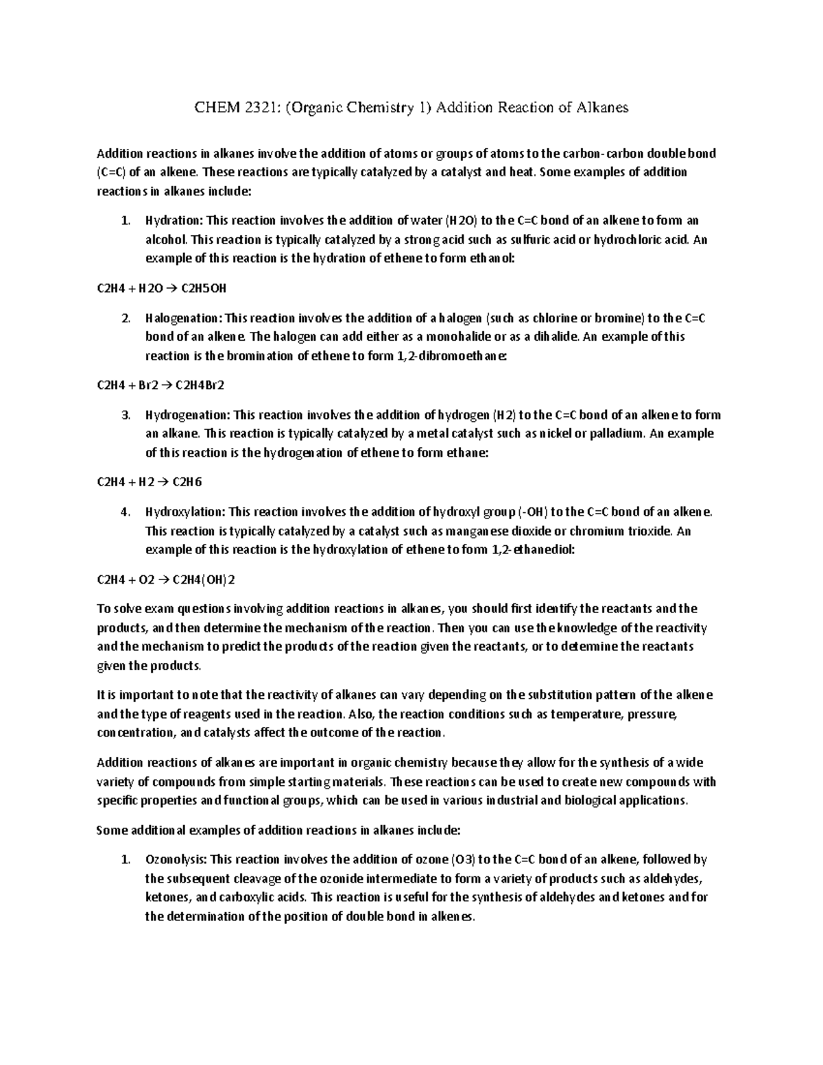 Addition Reaction of Alkanes - CHEM 2321: (Organic Chemistry 1 ...