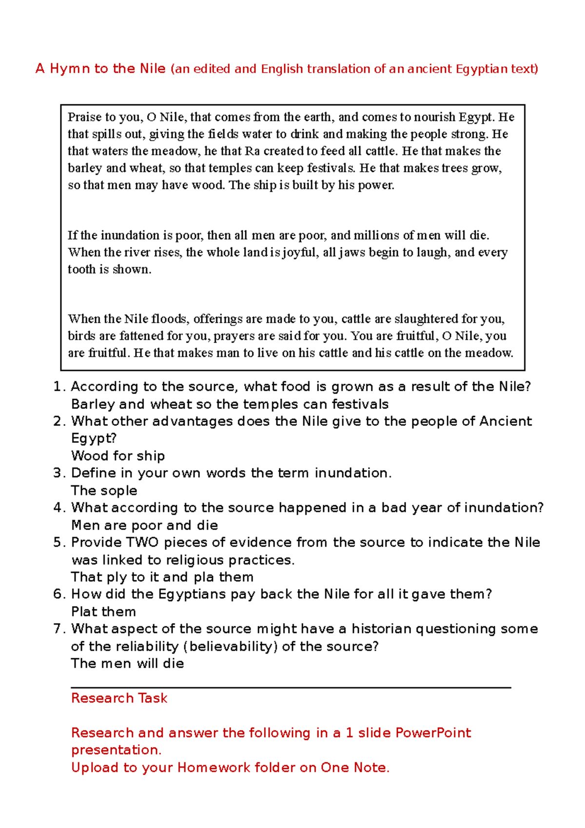 2020 Hymn to the Nile Nilometer Task - A Hymn to the Nile (an edited ...