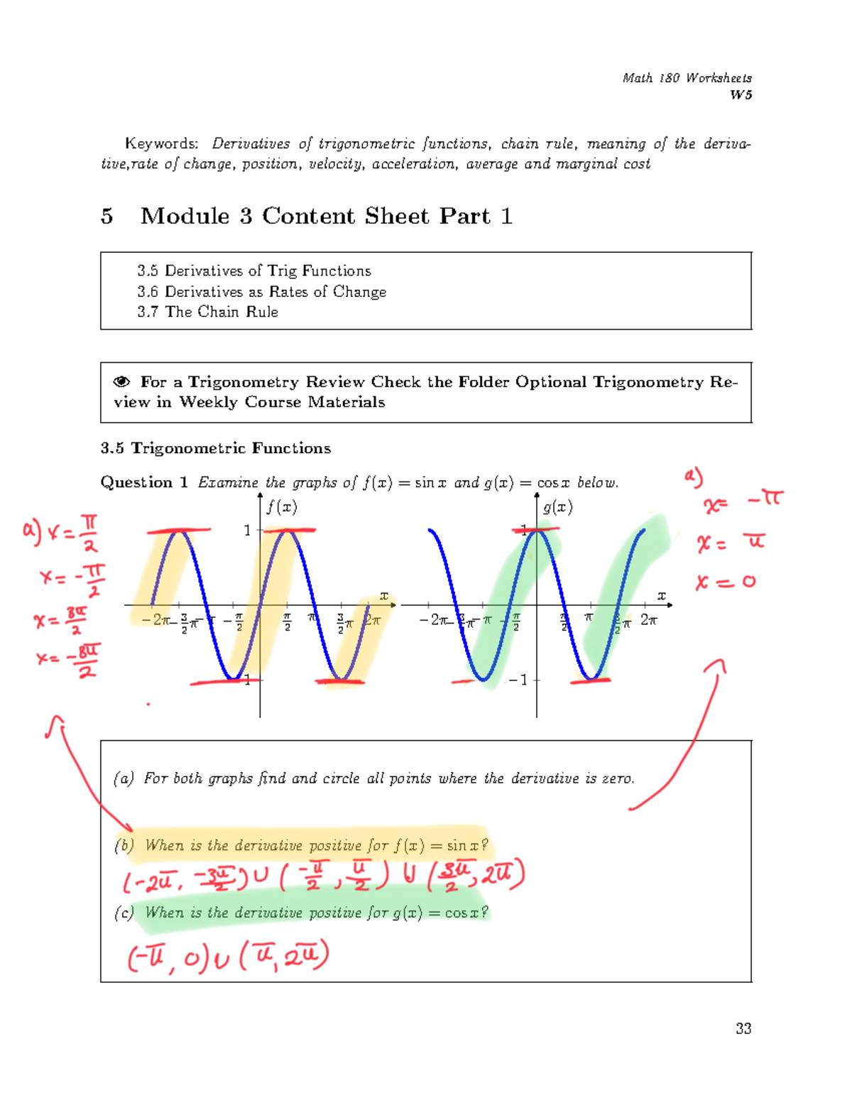Module 3 Part I - Derivatives of Trig Functions, Derivatives as Rates ...