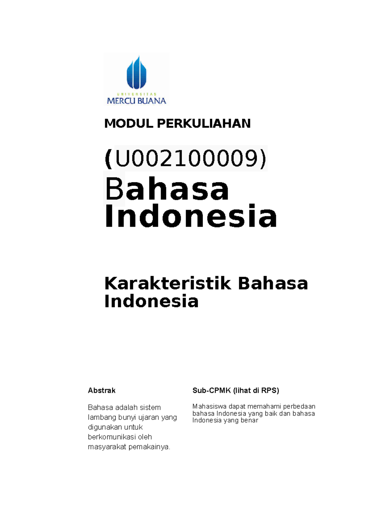 Notes for Indonesian 1 - MODUL PERKULIAHAN (U002100009) Bahasa ...