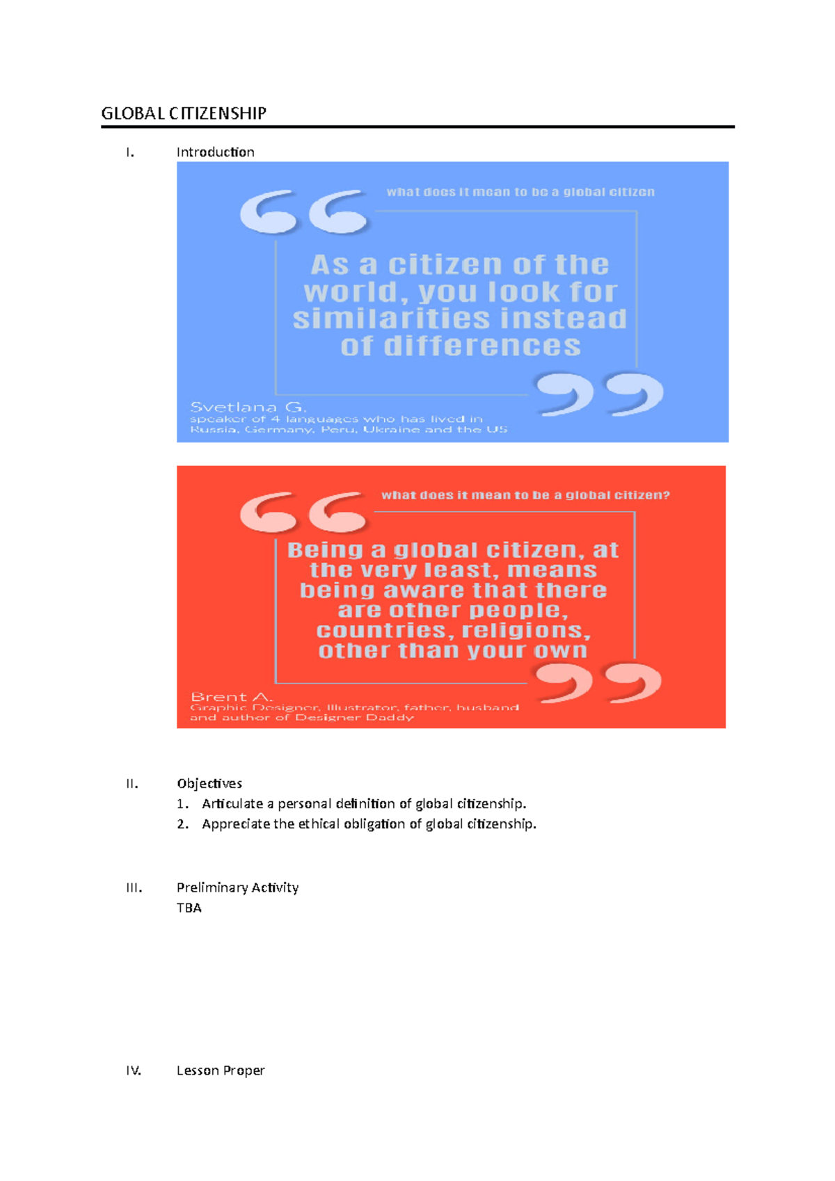 Global Citizenship - GLOBAL CITIZENSHIP I. Introduction II. Objectives ...